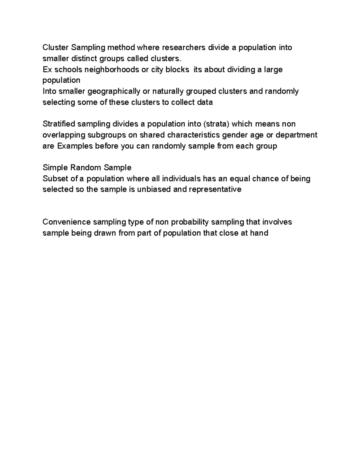 Statistics Notes: Cluster & Stratified Sampling Methods - Studocu