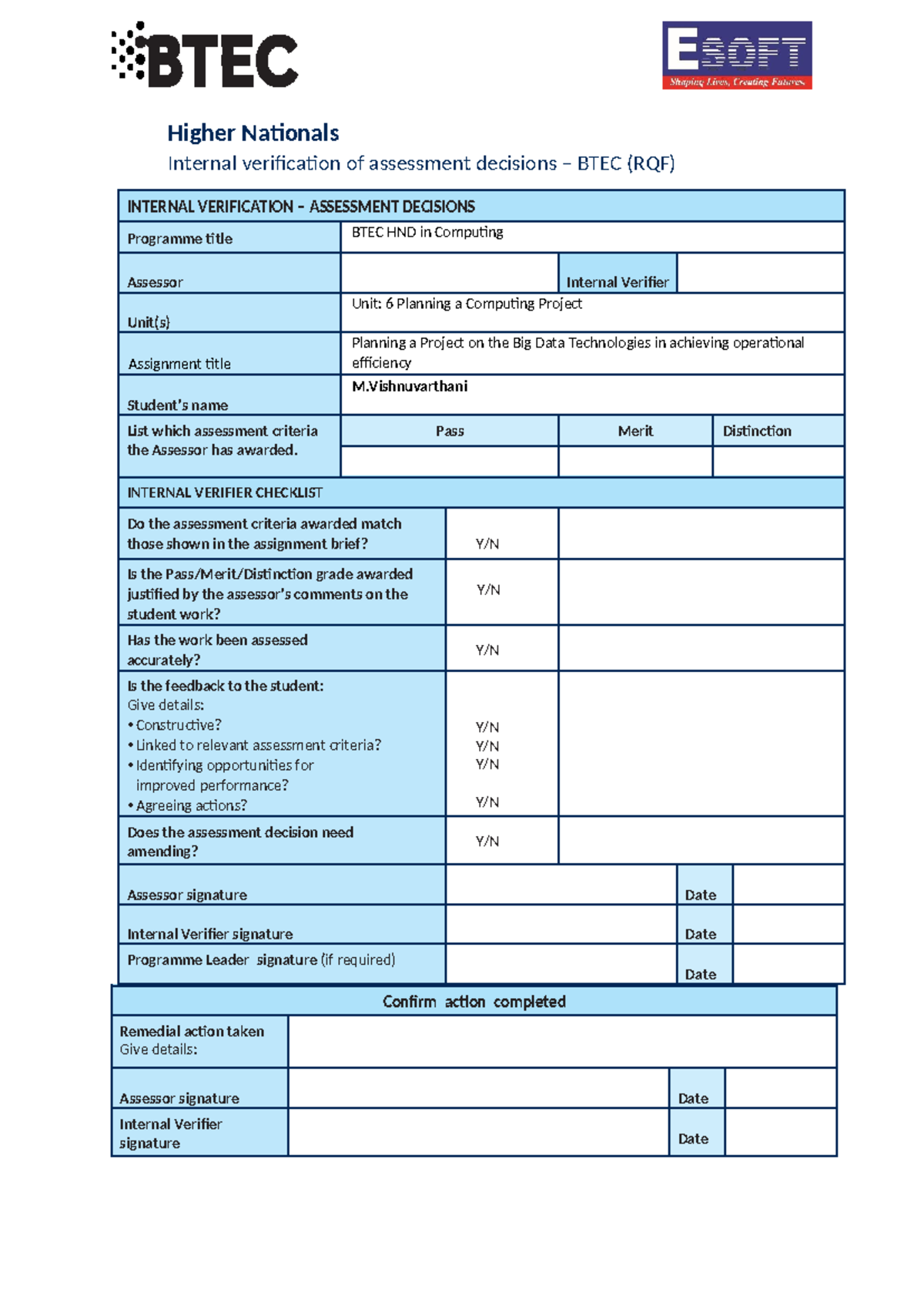 PCP - planning a computer plan - Higher Nationals Internal verification ...