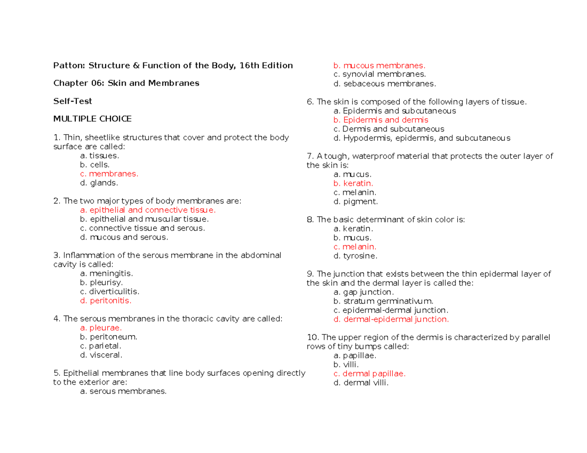Chapter 06: Skin and Membranes - Self-Test Questions & Answers - Studocu