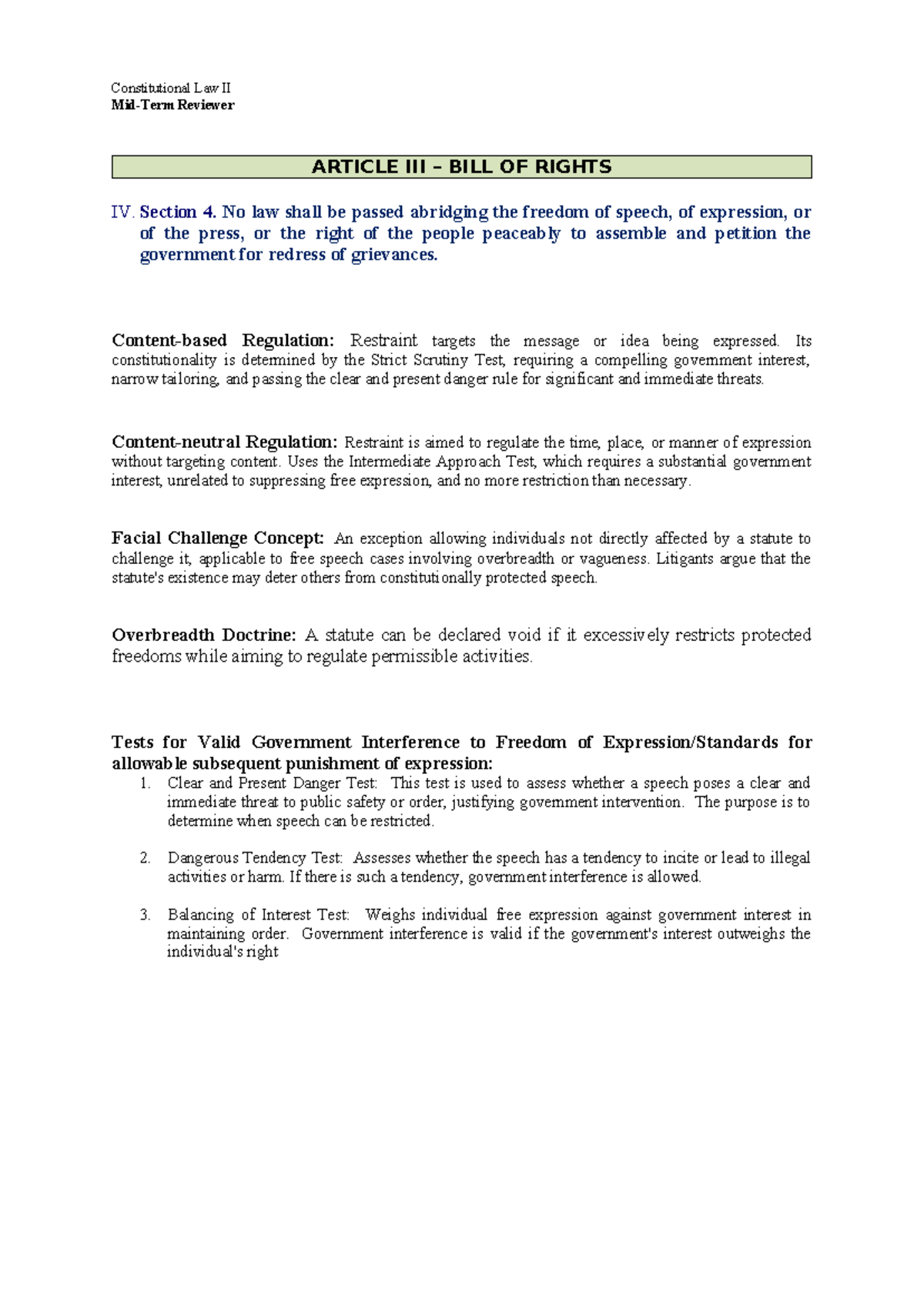 Bill of Rights Section 4 - Constitutional Law II Midterm Reviewer - Studocu