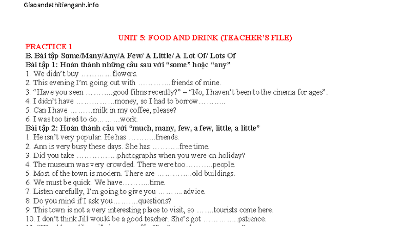 UNIT 5: FOOD AND DRINK PRACTICE EXERCISES WS1511 - Studocu