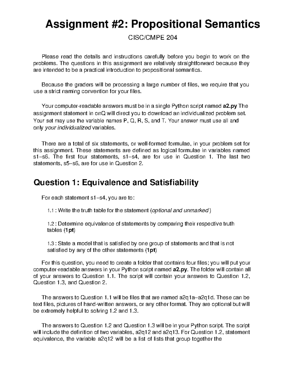 CISC 204 Assignment #2: Introduction to Propositional Semantics - Studocu