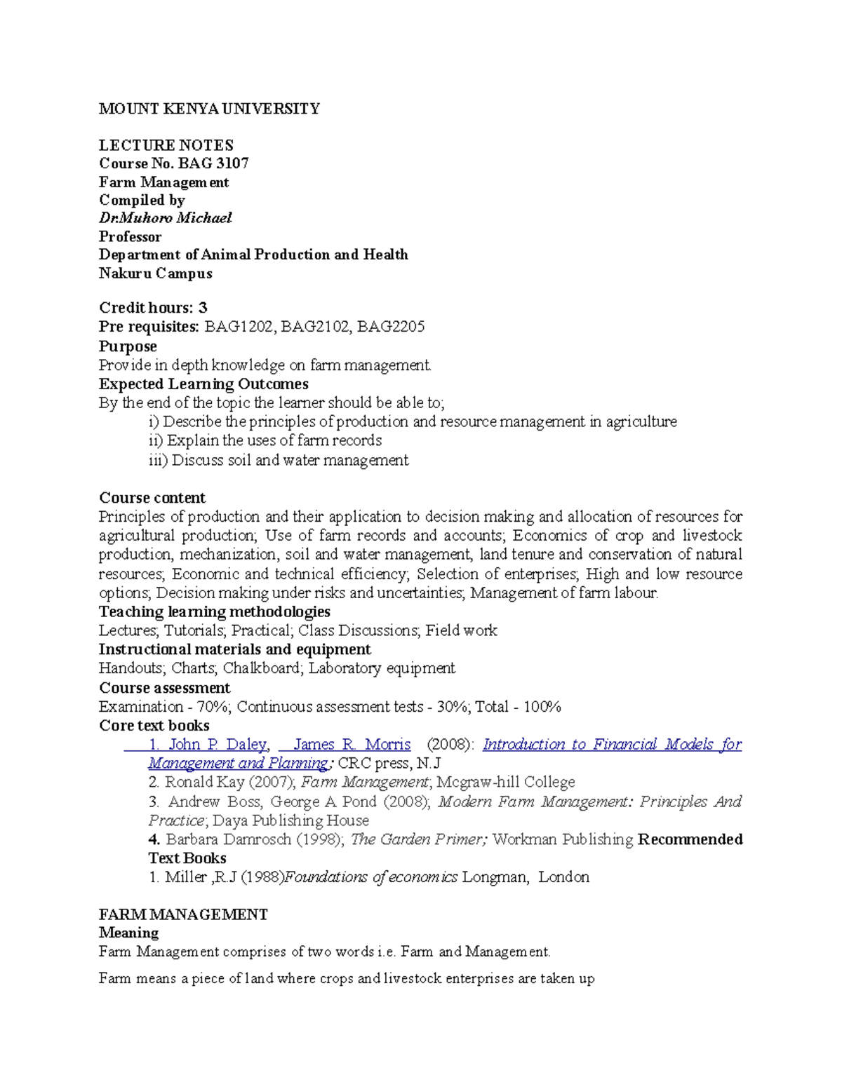 BAG 3107: Farm Management Lecture Notes by Dr. Muhoro Michael - Studocu