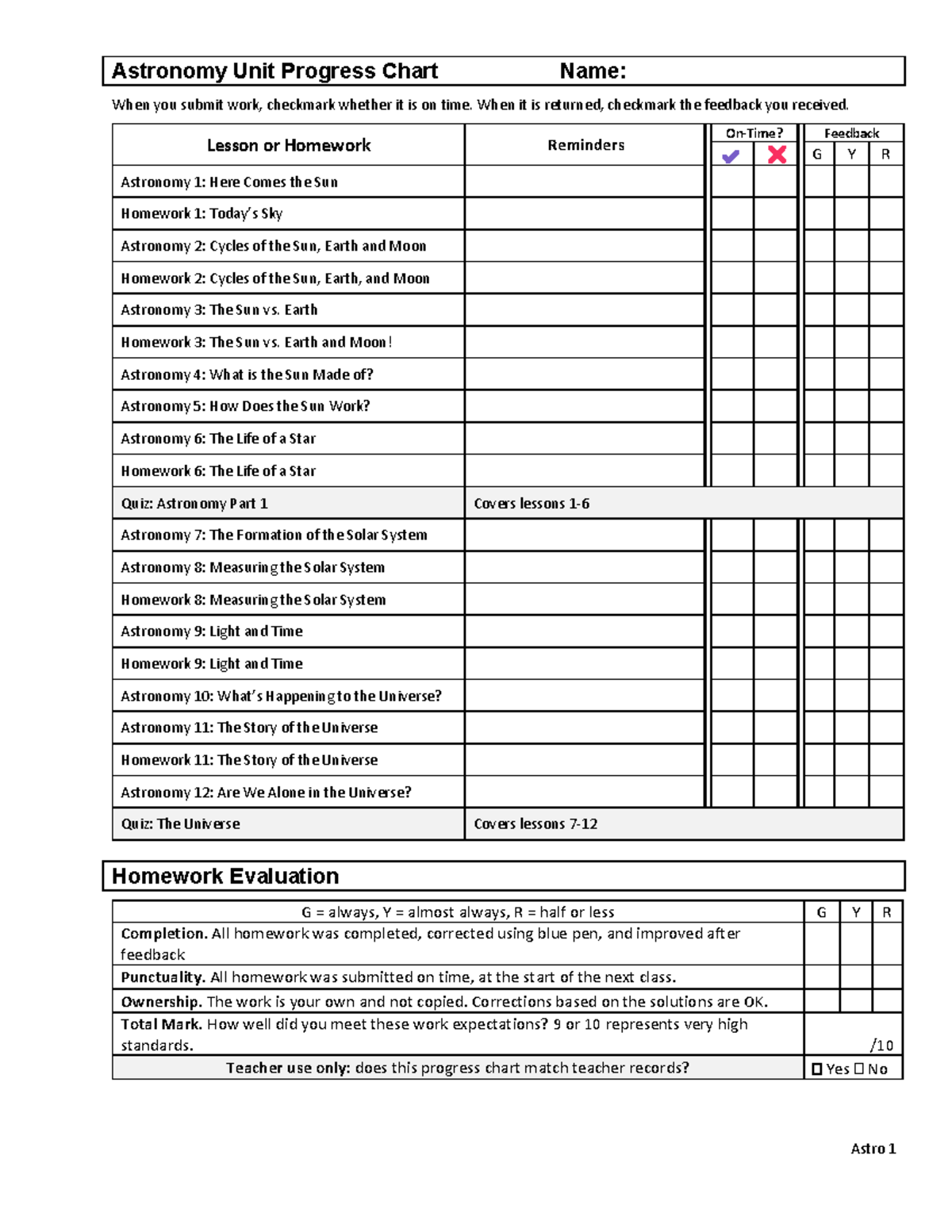 Astronomy 1-12 Progress Chart & Homework Tracker - Studocu