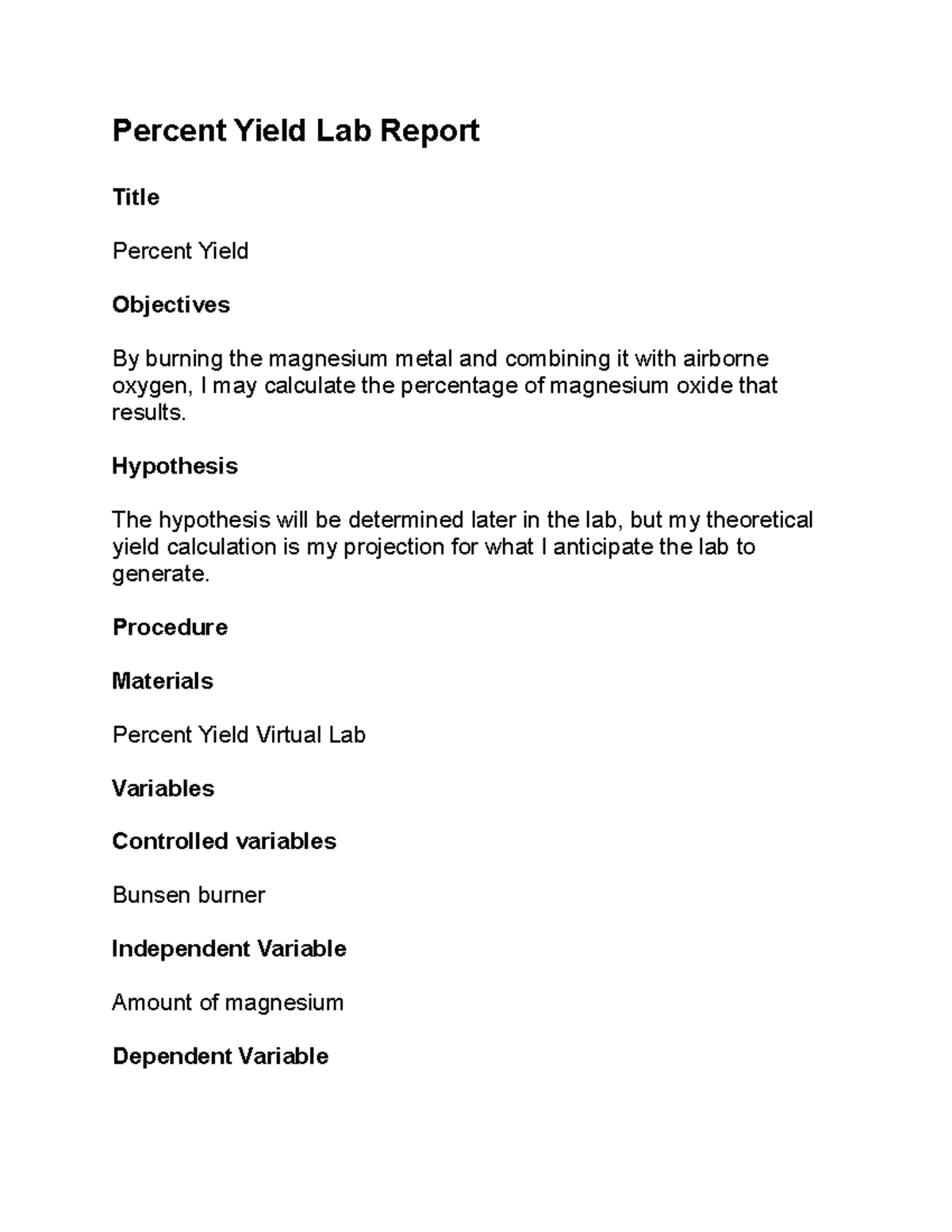 05.06 Percent Yield Virtual Lab Report and Analysis - Studocu
