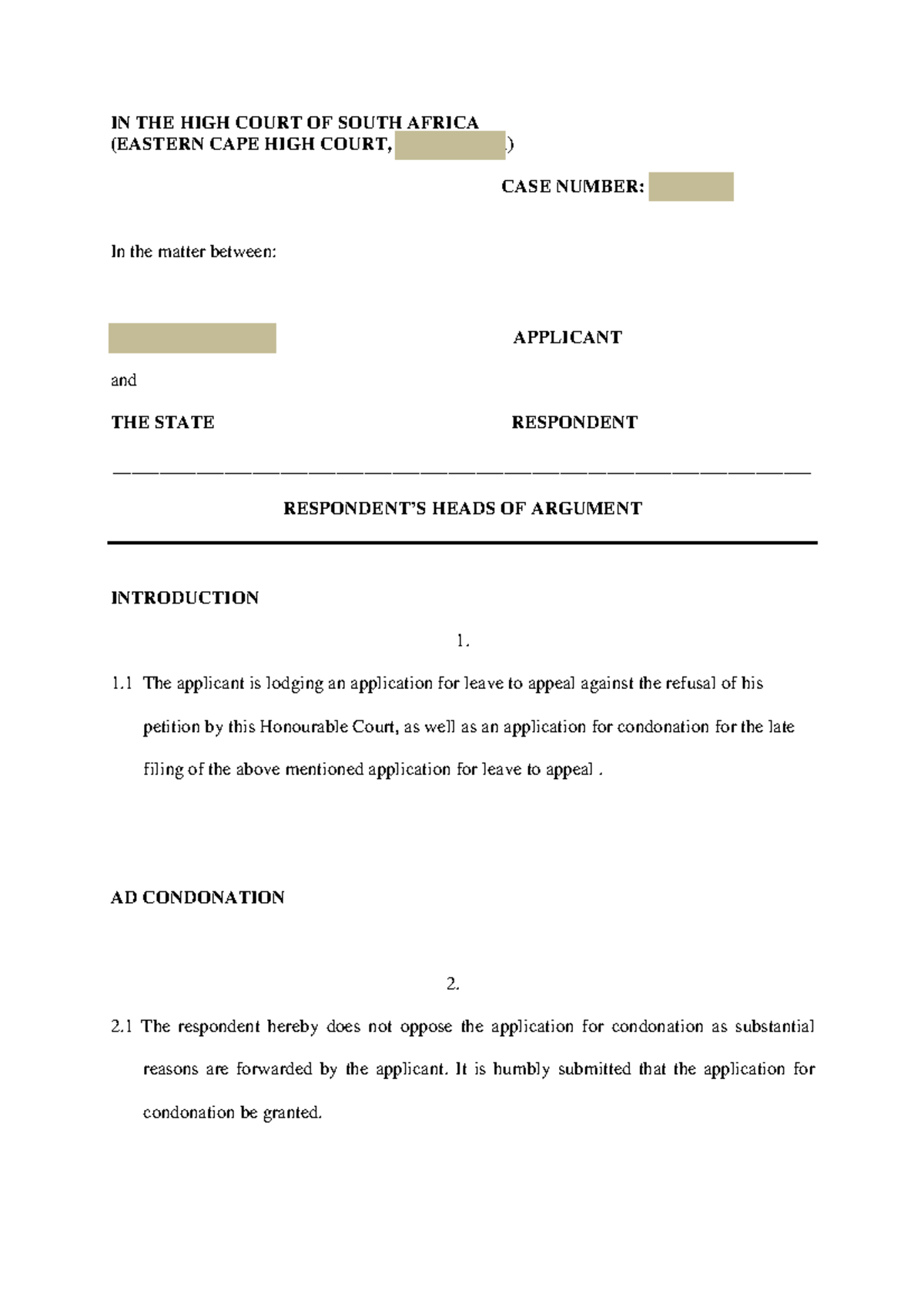 Heads of Argument for Leave to Appeal - LPRC 4812 - Studocu
