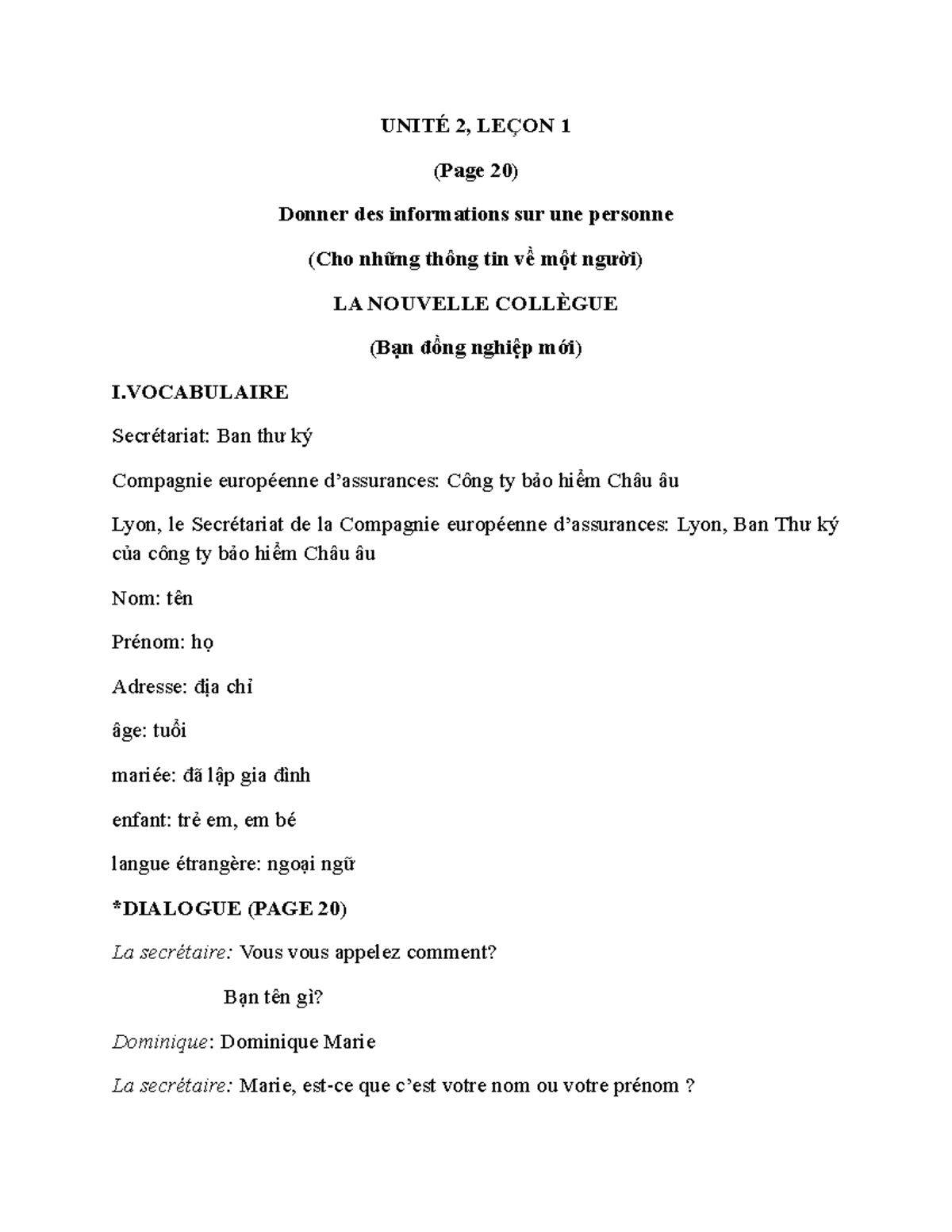 Unité 2, Leçon 1 - Vocabulaire et Grammaire en Français - Studocu