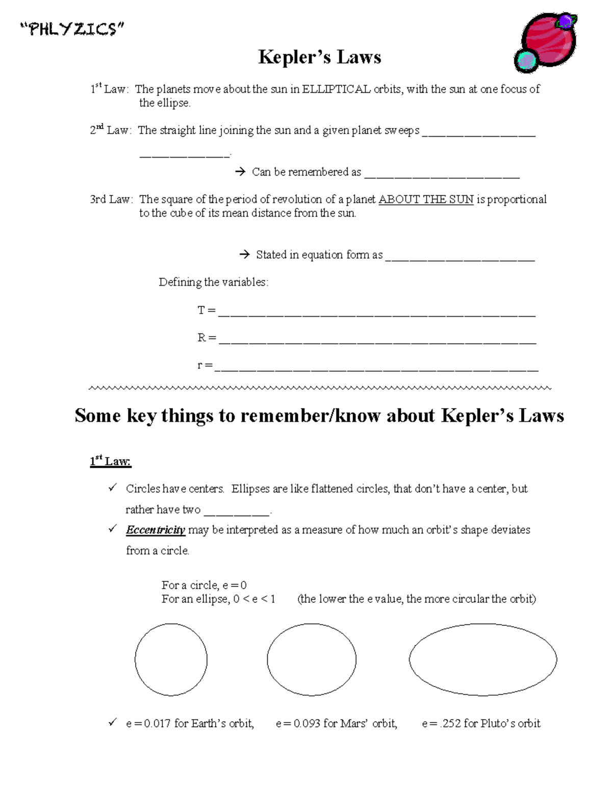 Day 1: Kepler's Laws Worksheet (Laws of Planetary Motion) - Studocu