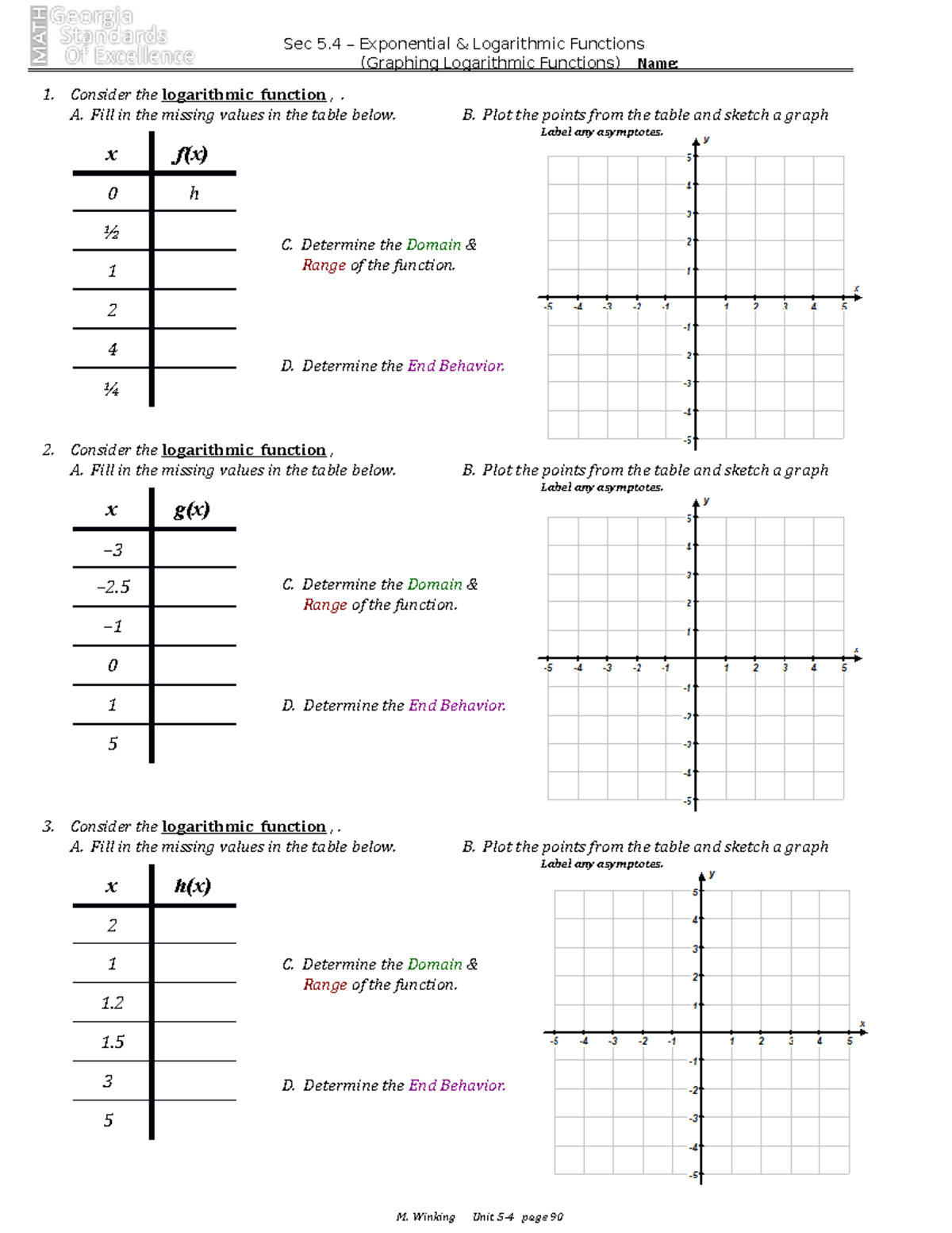 05 04 Graphing Log Functions Blank - Sec 5 – Exponential & Logarithmic ...