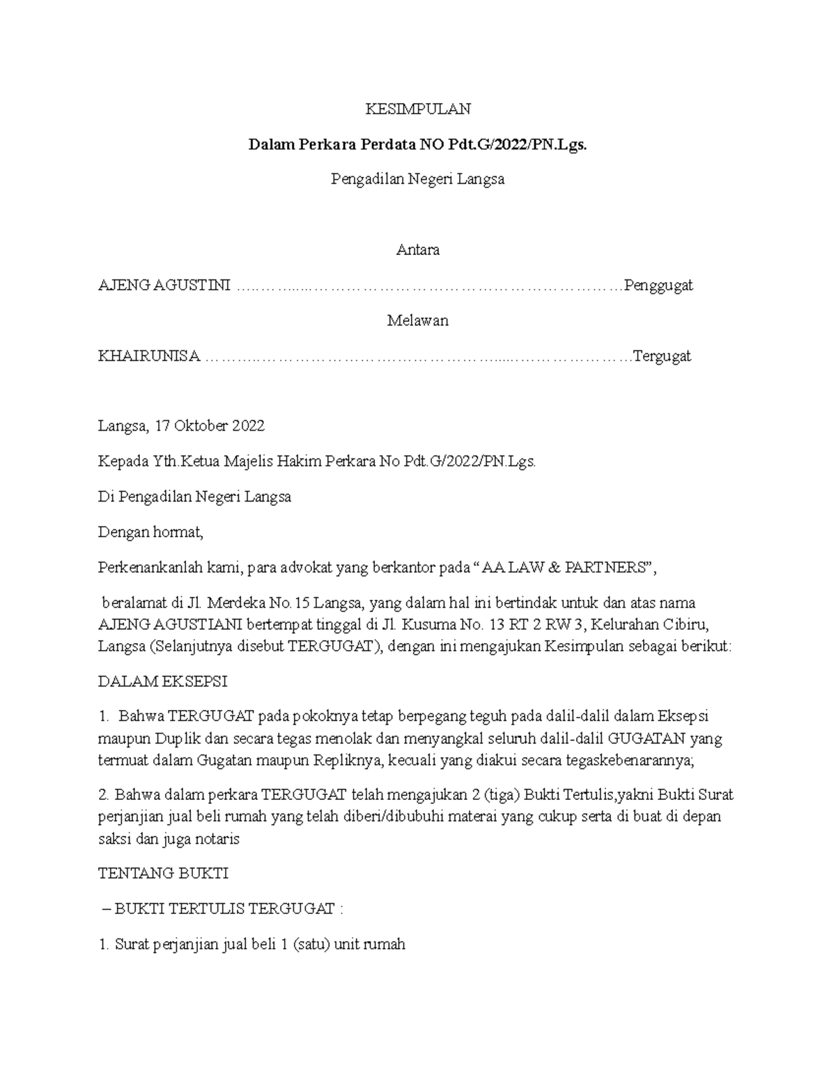 Kesimpulan Kasus Perdata No. Pdt.G/2022/PN.Lgs oleh Penggugat 1 - Studocu