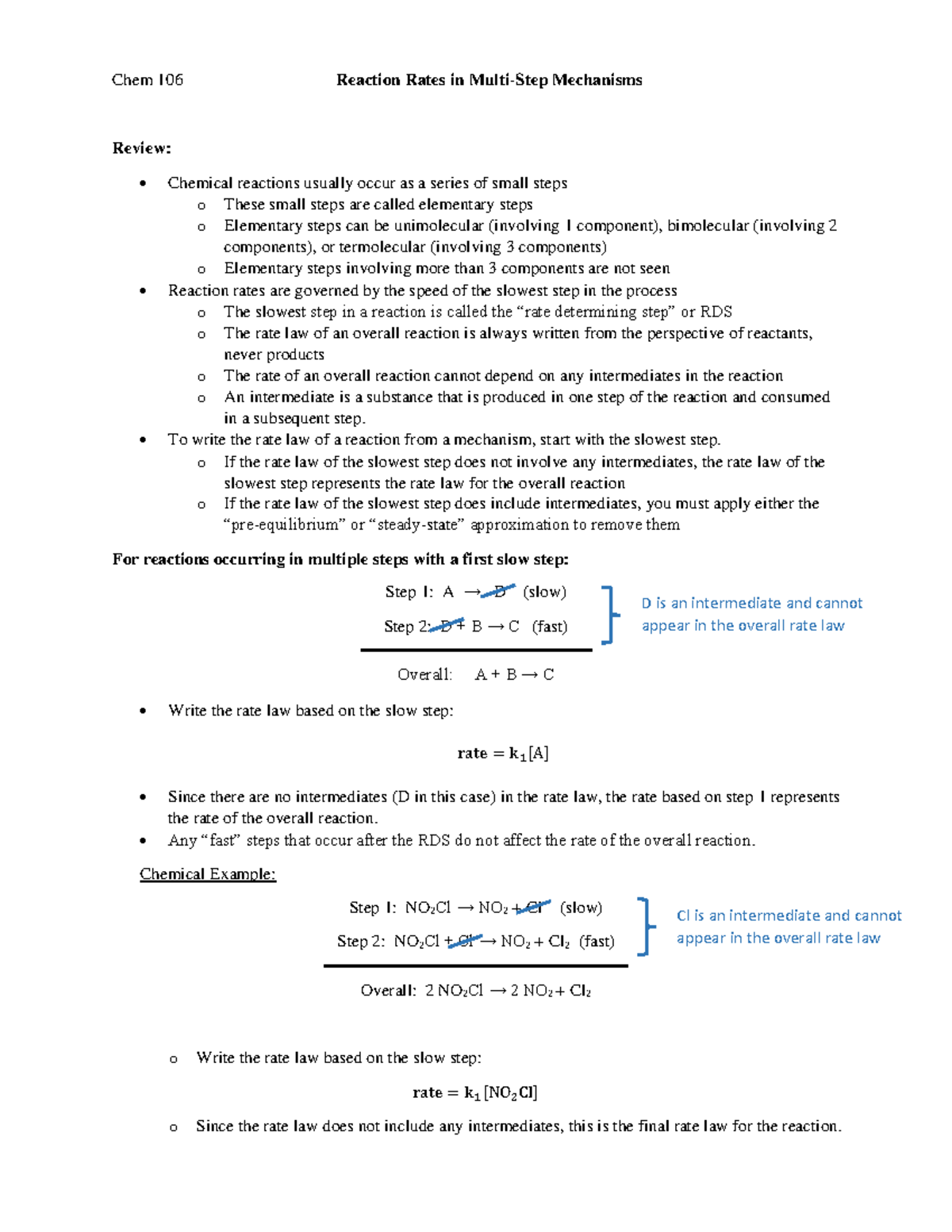 Chem 106 Rate Laws & Reaction Mechanisms Review Handout - Studocu