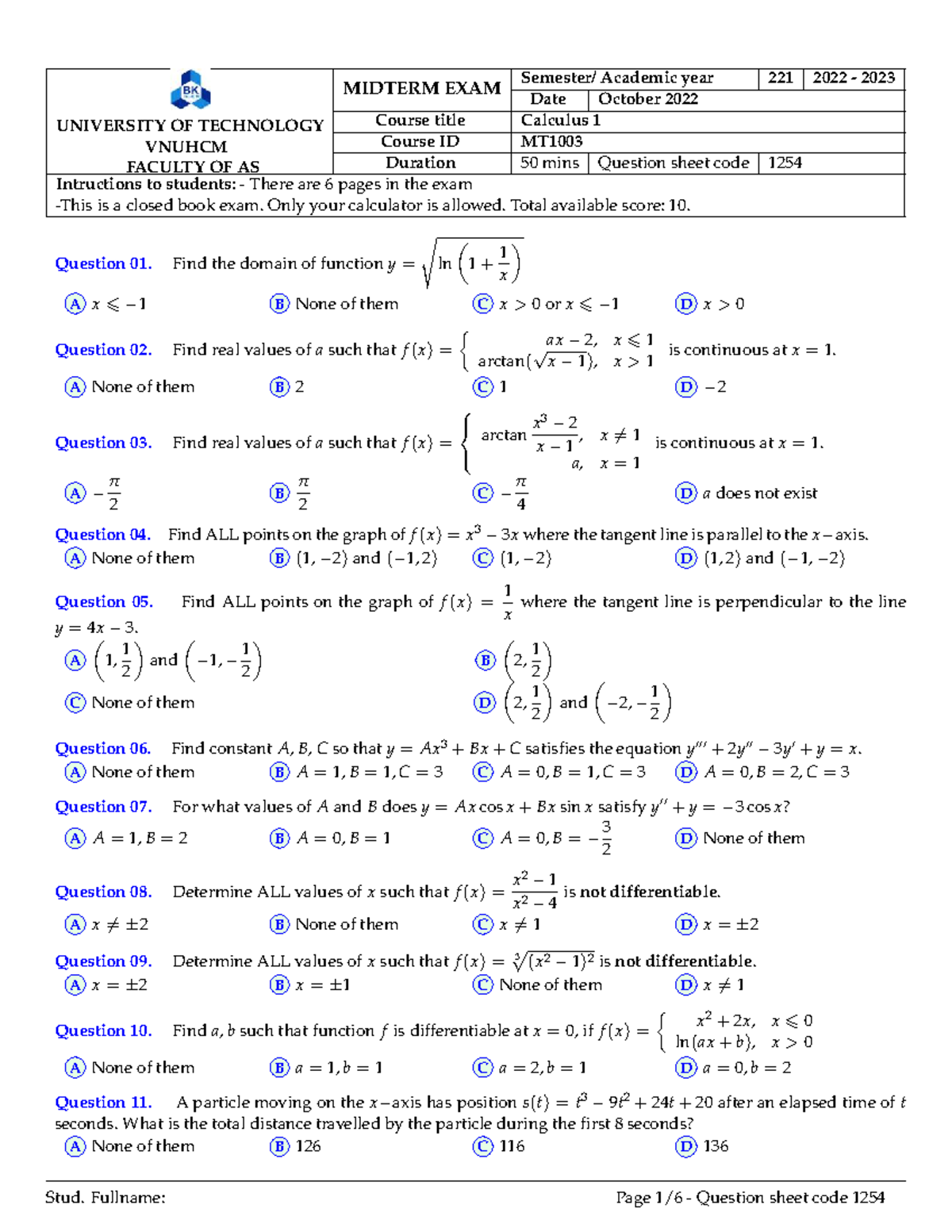 Calculus 1 MT1003 Midterm Exam Question Sheet - October 2022 - Studocu