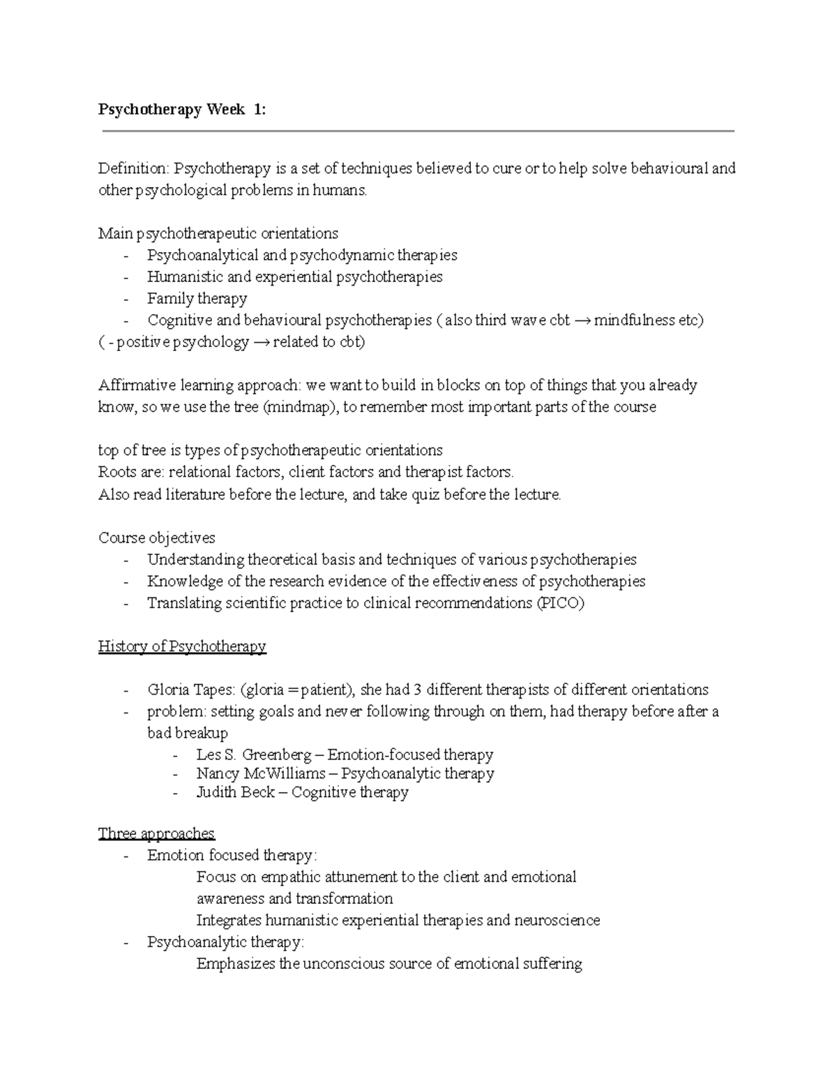Psychotherapy Lecture Notes: Course Insights and Core Concepts (PSY 101 ...