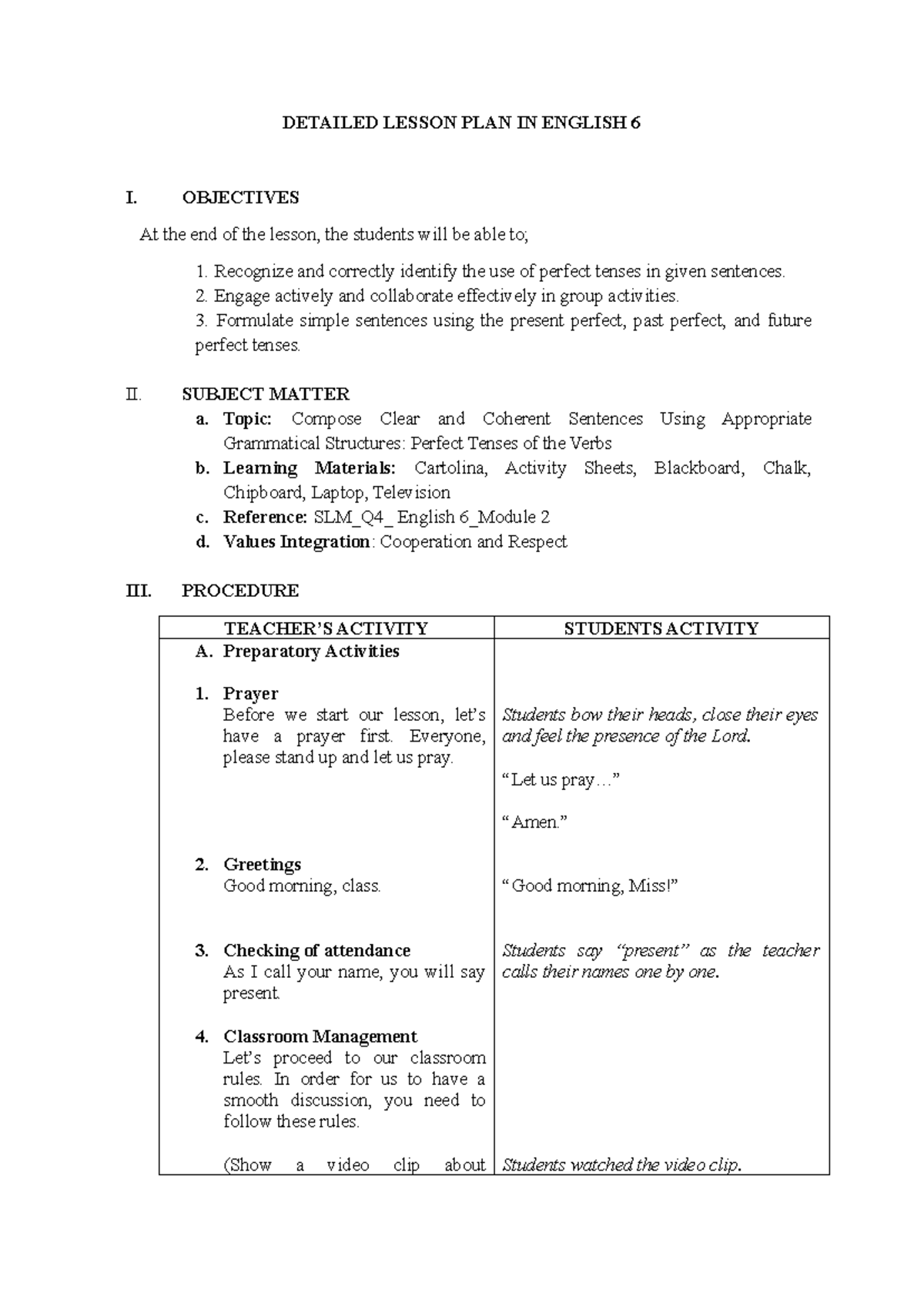 English 6 Lesson Plan: Mastering Perfect Tenses - Studocu