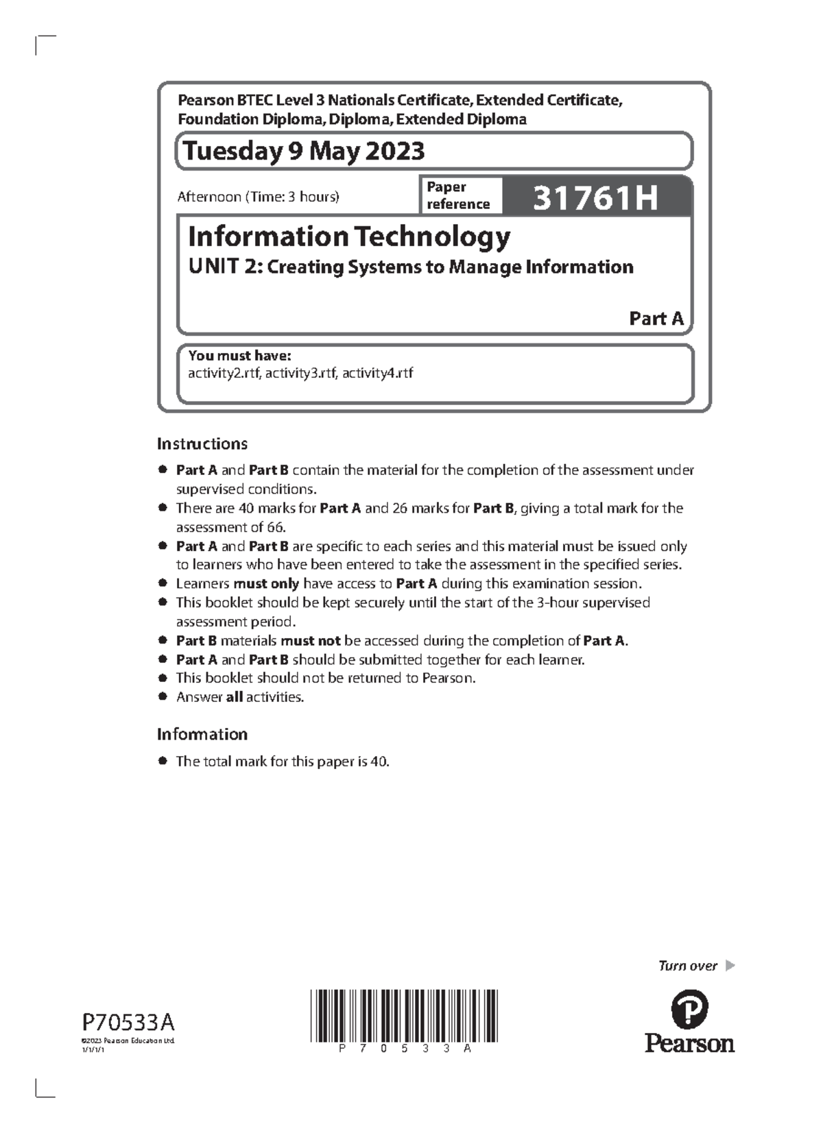 P70533 BTEC L3 ICT 31761H Unit 2 Part A Exam Paper May 2023 - Studocu