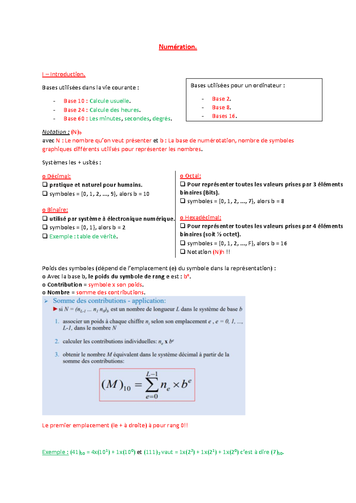 Numération - Fiche de cours sur le fonctionnement et les systèmes ...