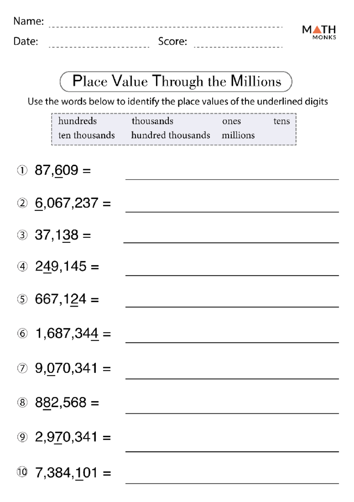 MATH Place Value Through Millions Worksheets - Studocu