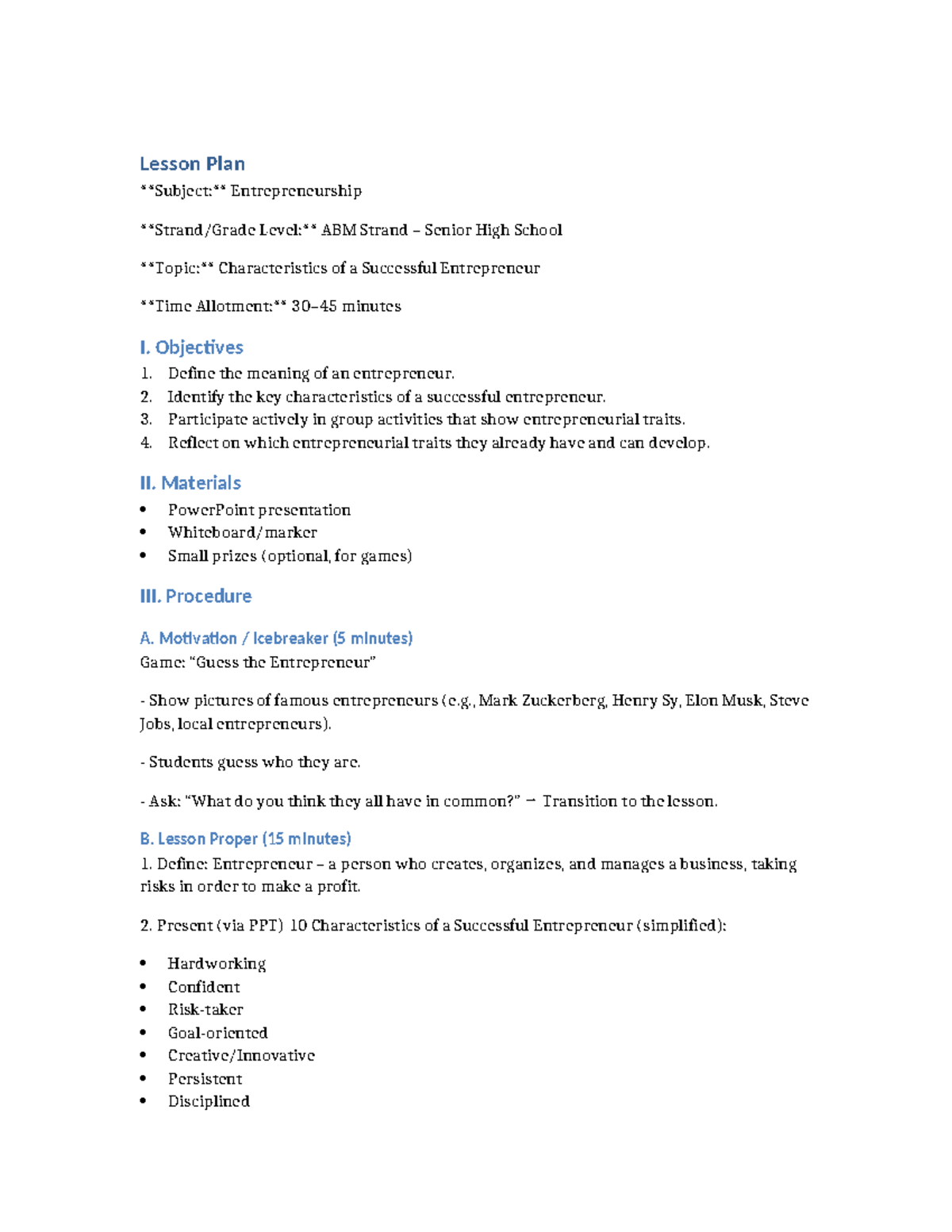Entrepreneurship Lesson Plan ABM: Traits of Successful Entrepreneurs ...