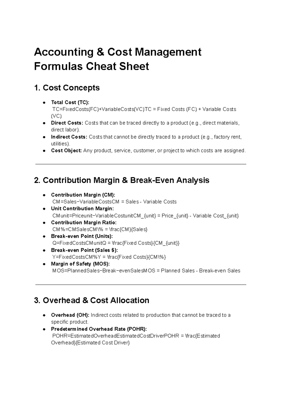 ADMS 2510 - midterm 1 - formulas - Accounting & Cost Management ...
