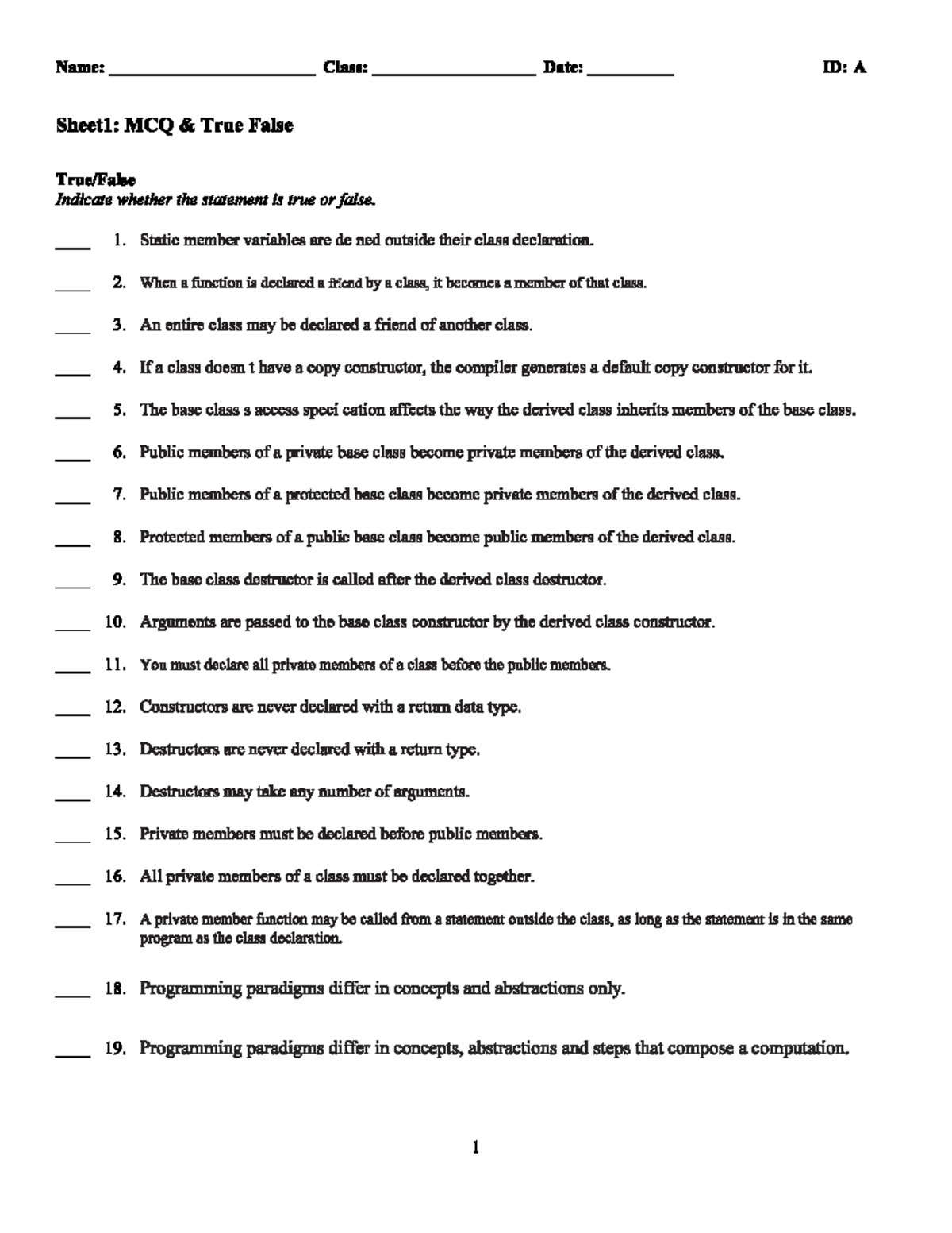 True/False & MCQ Practice Sheet for Review Sessions - Studocu