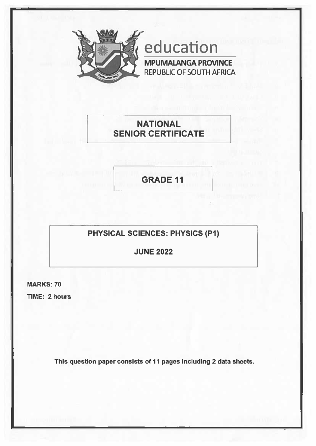 Grade 11 Physical Sciences P1 June 2022 Test - Mpumalanga Province ...