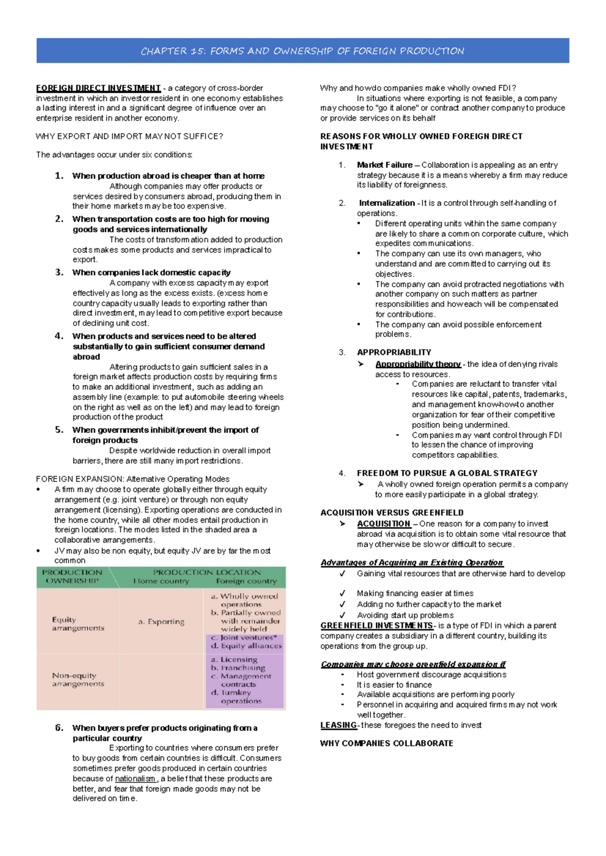 Chapter 15: Foreign Production Ownership and Strategic Considerations ...