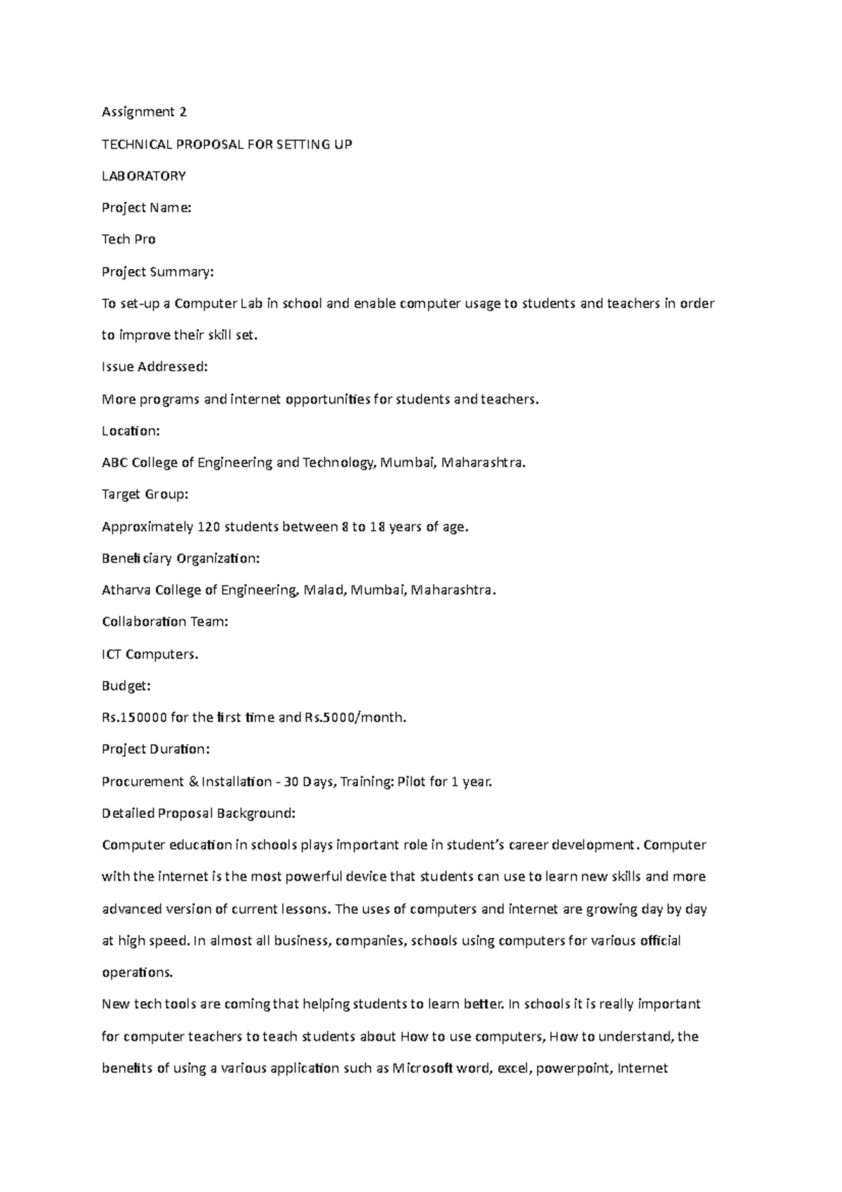 BCE Assignment 2 - Technical Proposal FOR Setting UP Laboratory - Assignment 2 TECHNICAL ...