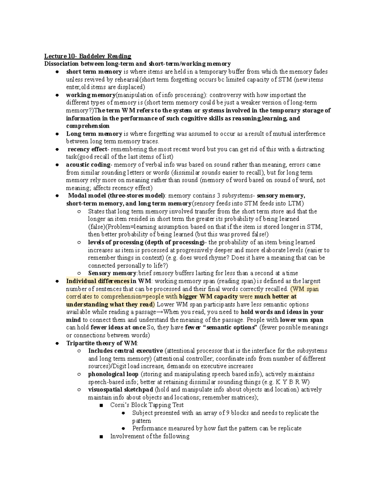 Lecture Notes on Baddeley's Memory Models and Working Memory (PSY 101 ...