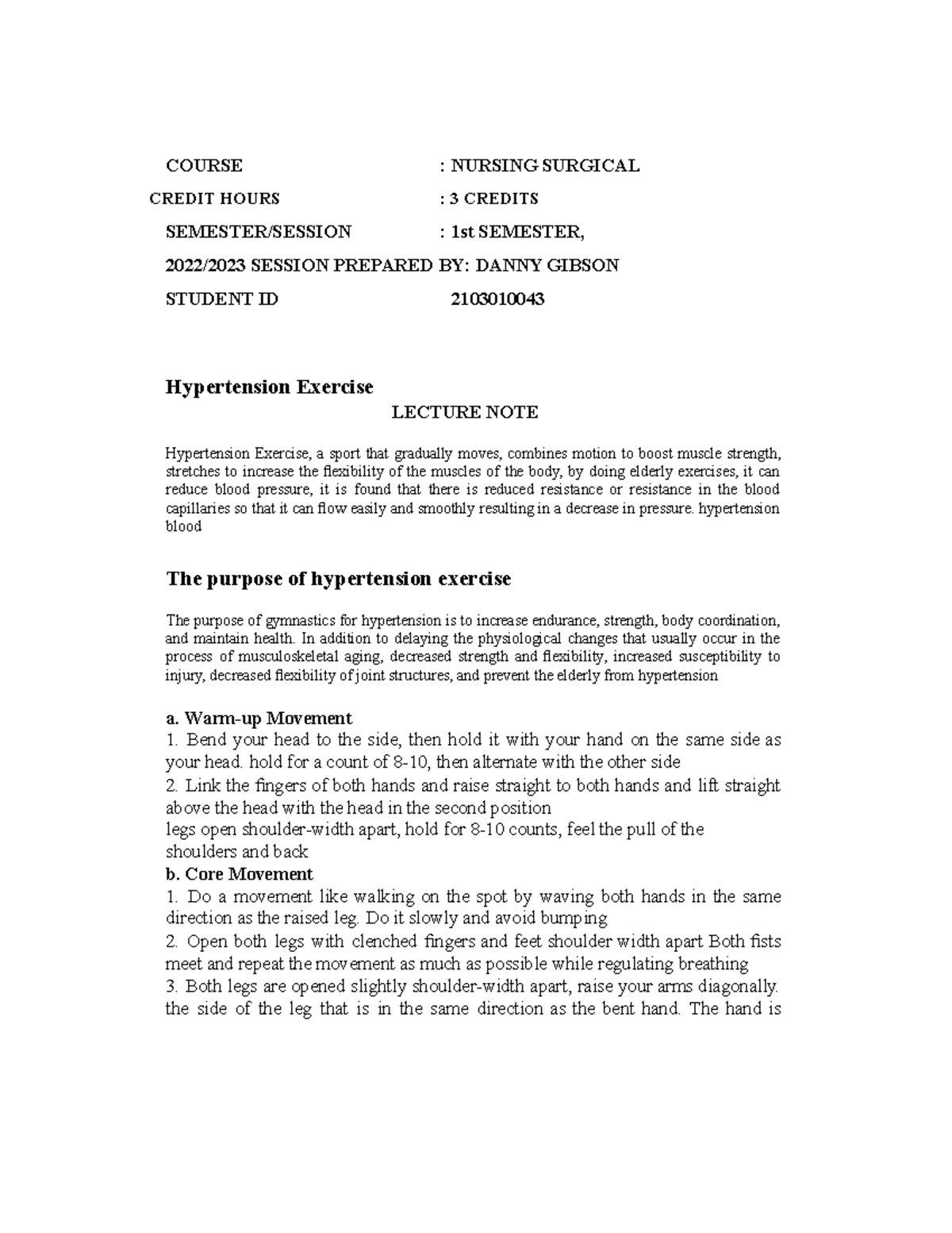 NURSING 101: Lecture Notes on Hypertension Exercise Techniques - Studocu