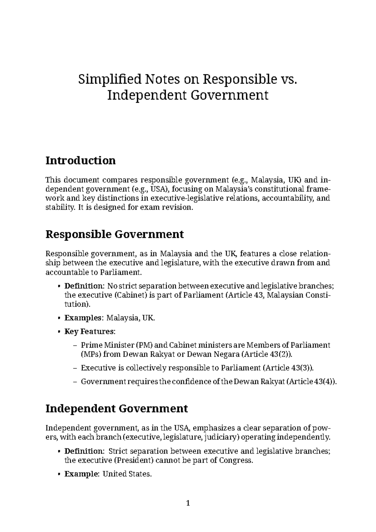 Notes on Responsible vs. Independent Government (BAB 6) for Exam ...