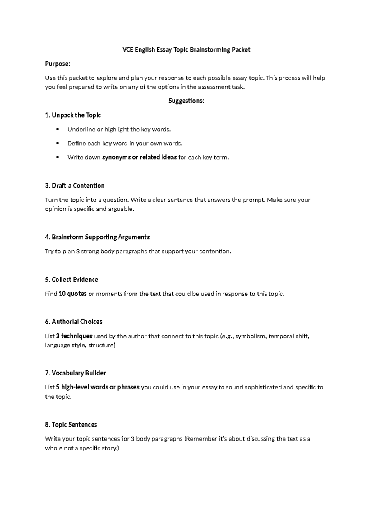 VCE English Essay Planning: Brainstorming SAC Topics and Ideas - Studocu