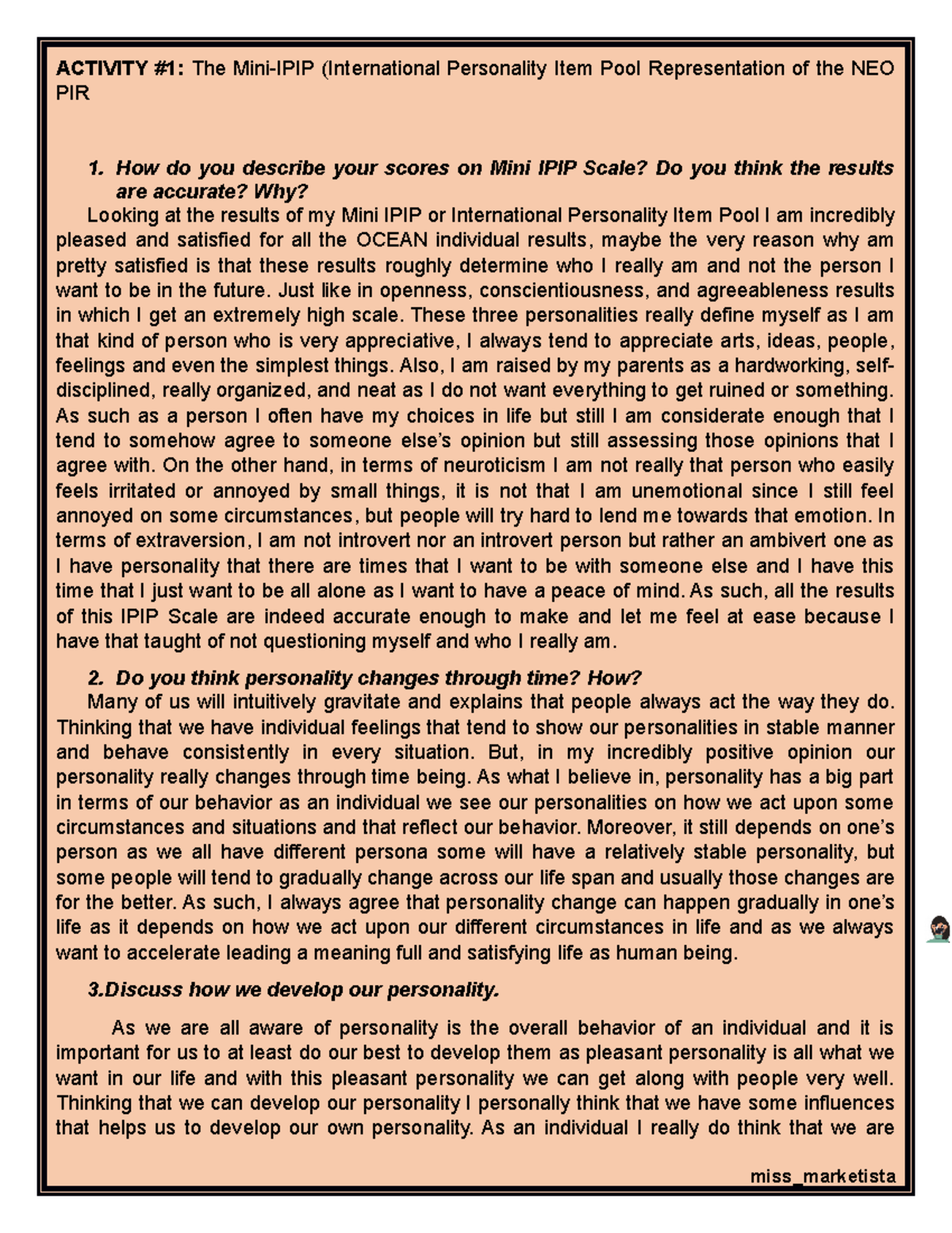 Understanding The Self - Activity #1 The Mini-IPIP - ACTIVITY The ...