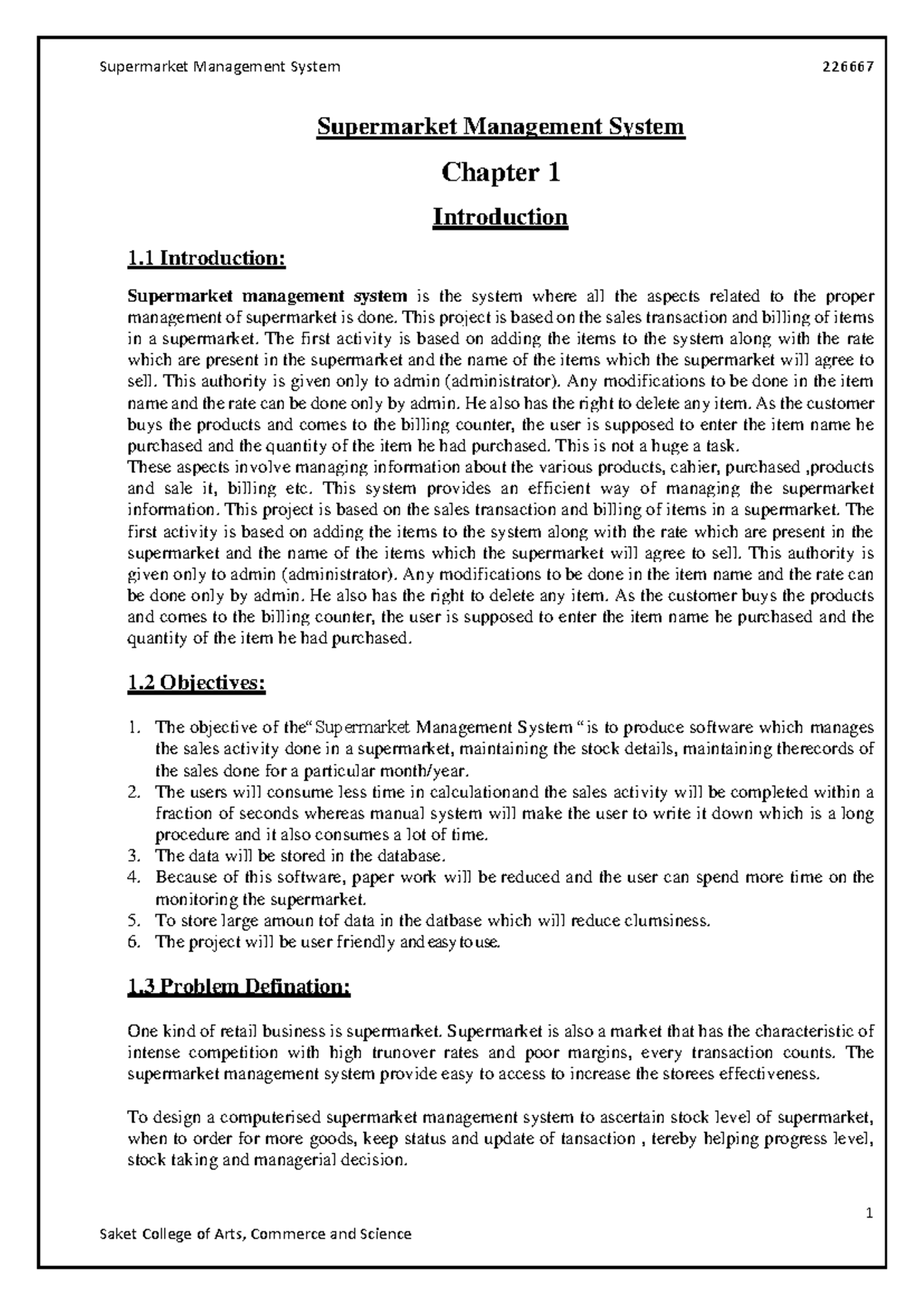 Supermarket - Project Docmentation - 1 Supermarket Management System ...