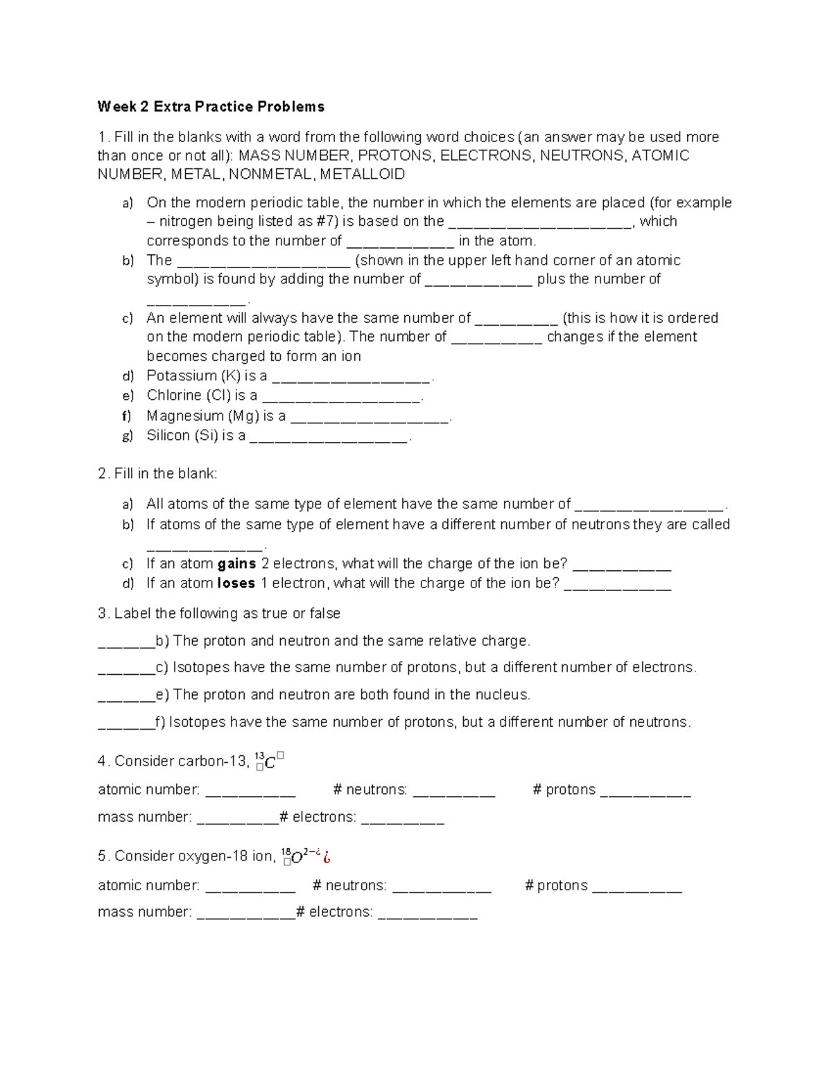 Week 2 Extra Practice Problems: Atomic Structure & Compounds - Studocu