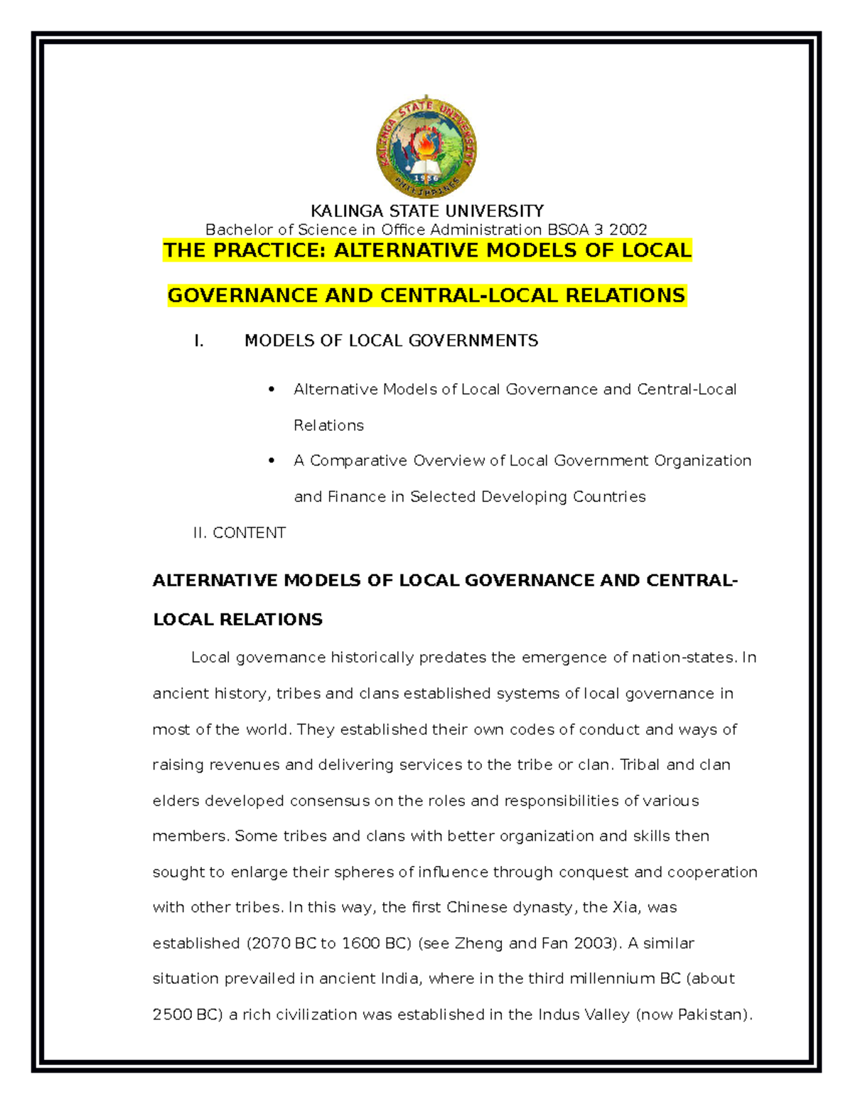 THE Practice- Alternative Models OF Local Governance AND Central Local ...