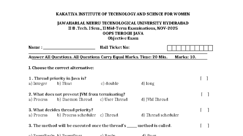 JAVA (QUIZ) MID-II - OOPS Through Java Objective Exam - Studocu
