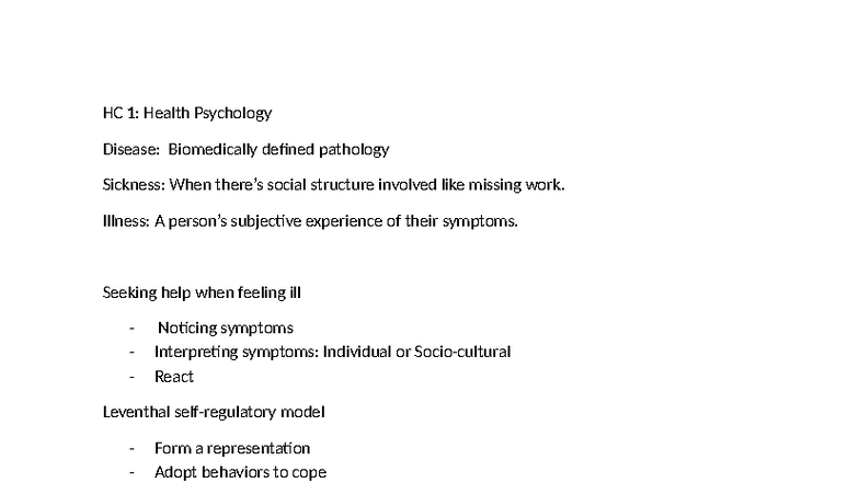 HC 1 - samenvatting - HC 1: Health Psychology Disease: Biomedically ...
