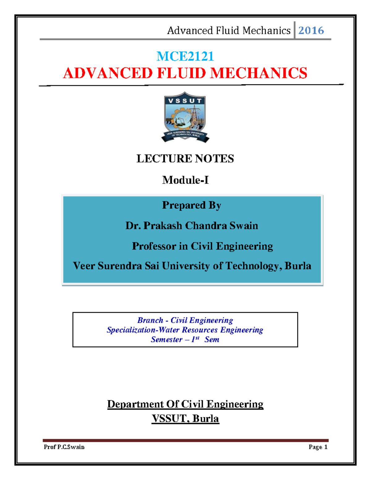 Advanced fluid mechanics - C Page 1 MCE ADVANCED FLUID MECHANICS ...
