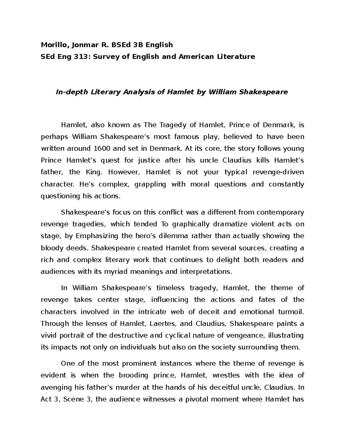 In-depth Literary Analysis of Hamlet by William Shakespeare - Morillo ...