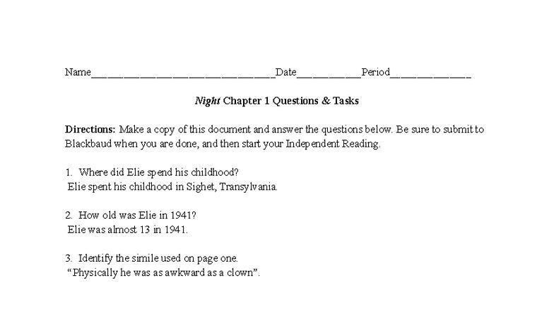 E1.2 Night Chapter 1 Questions & Reflections - Zucker - Studocu