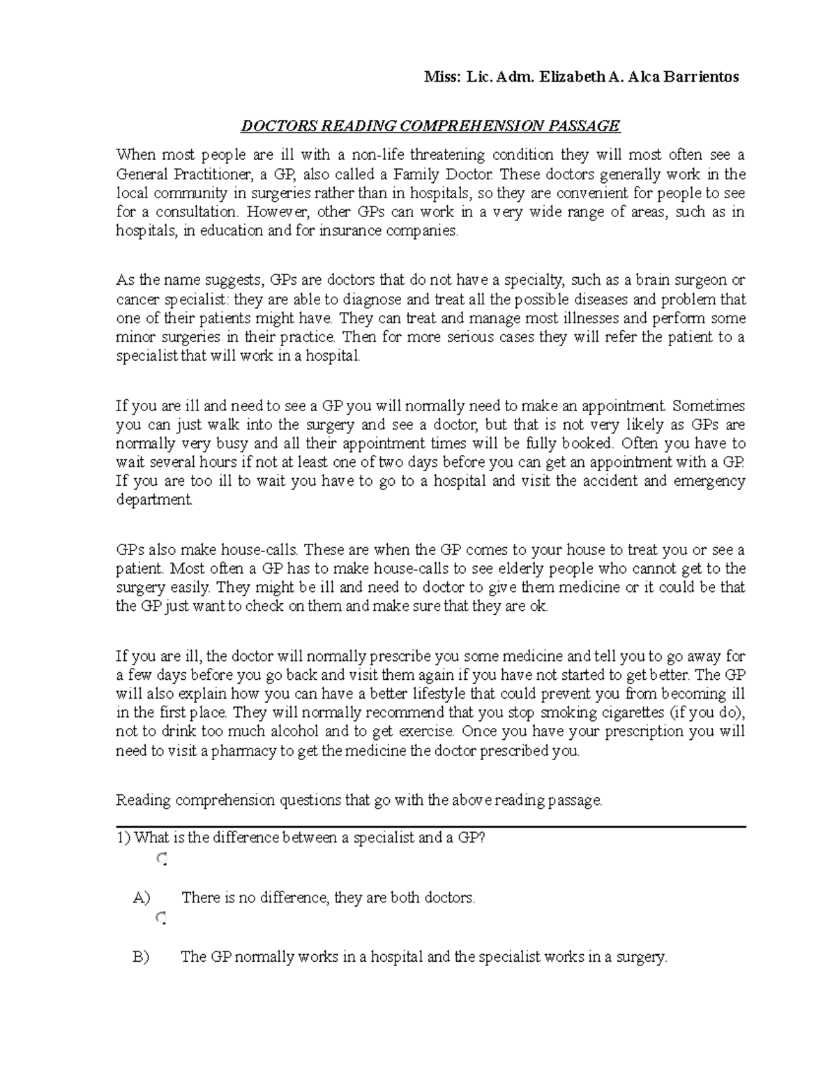 Doctors Reading Comprehension Passage Overview (Resulto) - Studocu