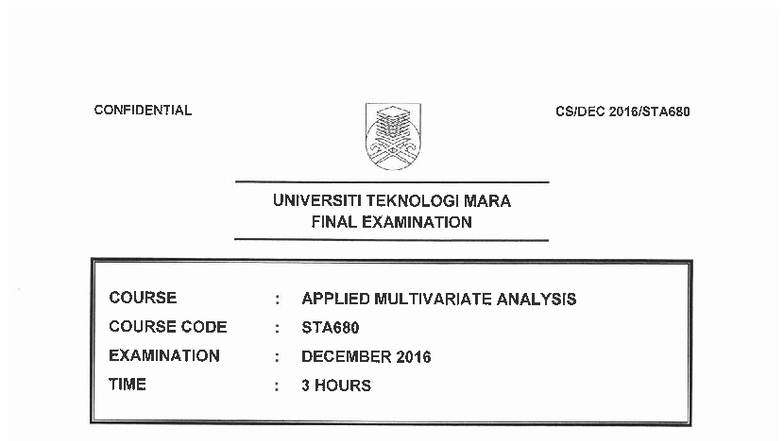 STA680 - Final Exam Paper on Applied Multivariate Analysis - Studocu
