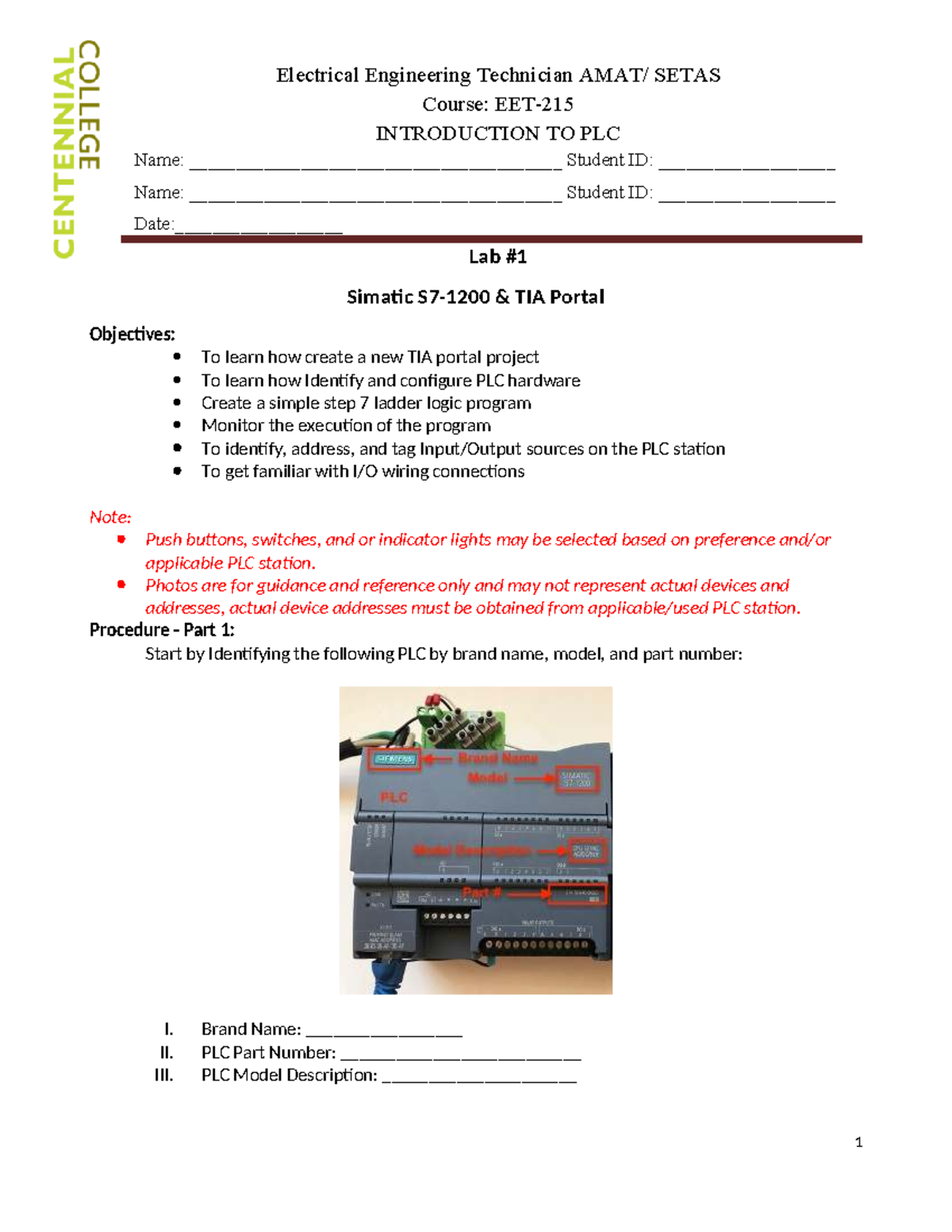 EET215 F25 Lab 1 - Introduction to PLC with TIA Portal - Studocu