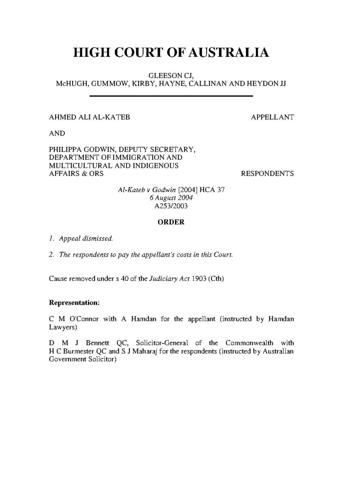 HCA 37: Al-Kateb v Godwin - Immigration Detention Case Analysis - Studocu