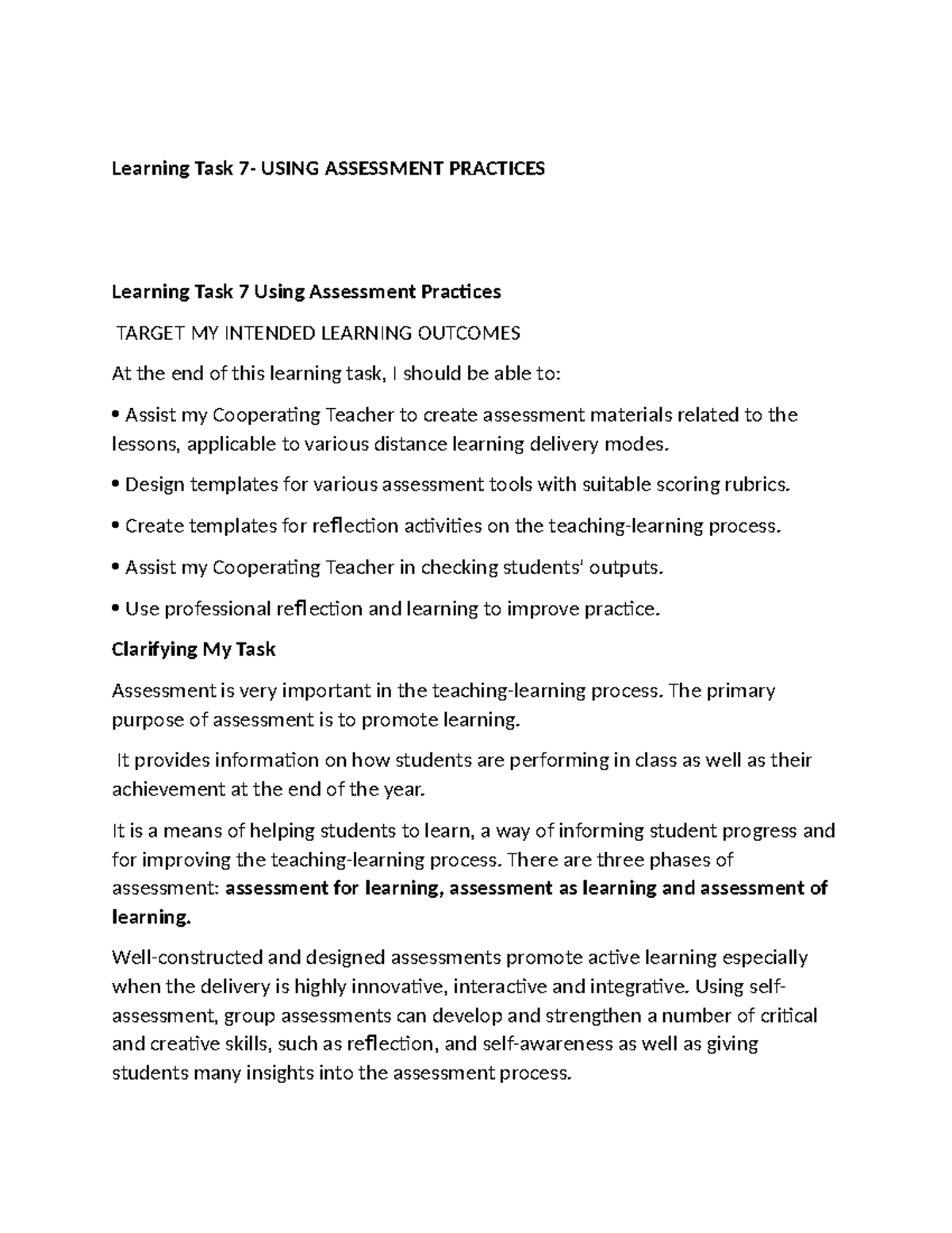 Learning Task 7: Assessment Practices for Teaching Interns - Studocu