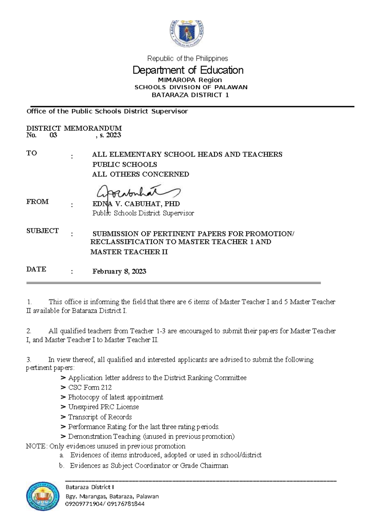 District Memo No. 03, s. 2023: Master Teacher Ranking Submission - Studocu