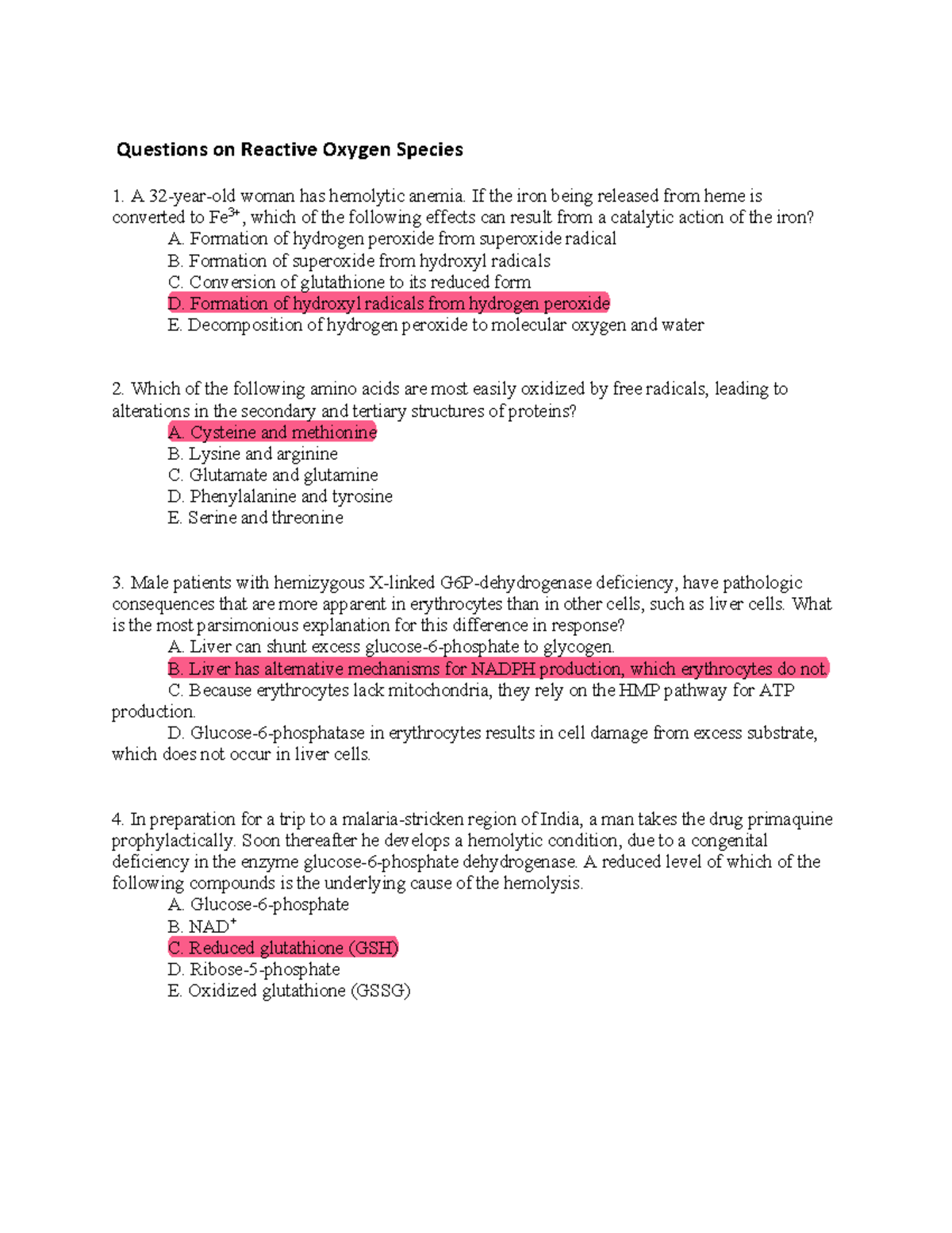 Questions for ROS - n/a - Questions on Reactive Oxygen Species A 32 ...