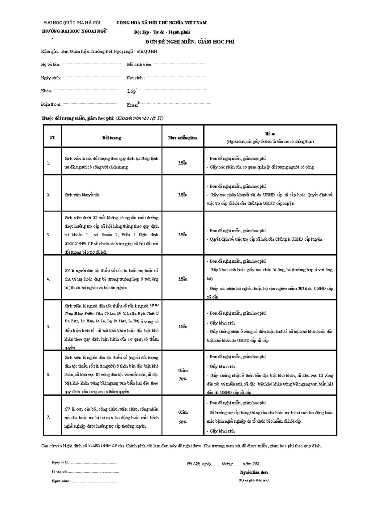 Đơn Đề Nghị Miễn Giảm Học Phí - Trường ĐH Ngoại Ngữ ĐHQGHN - Studocu