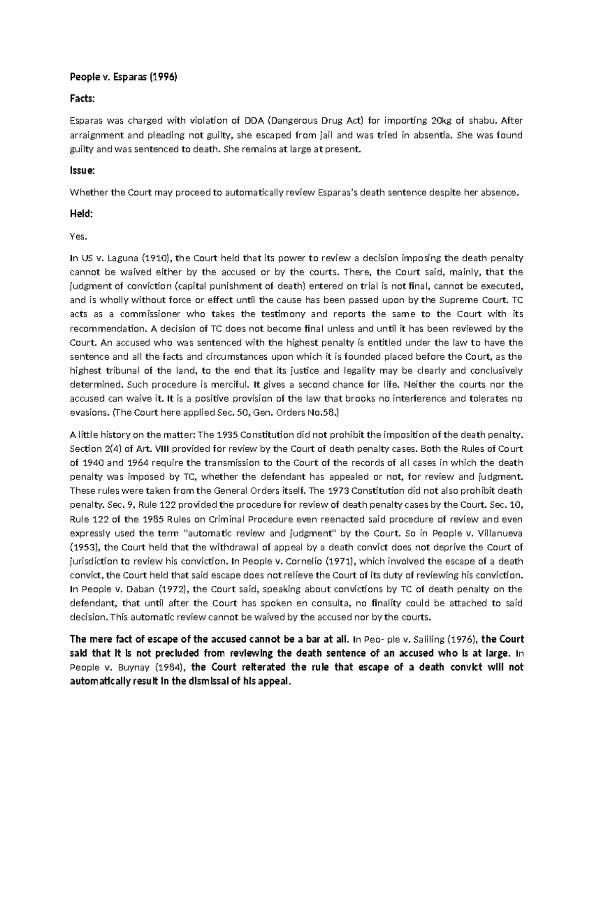 People v. Esparas (1996): Review of Death Sentence in Absence - Studocu