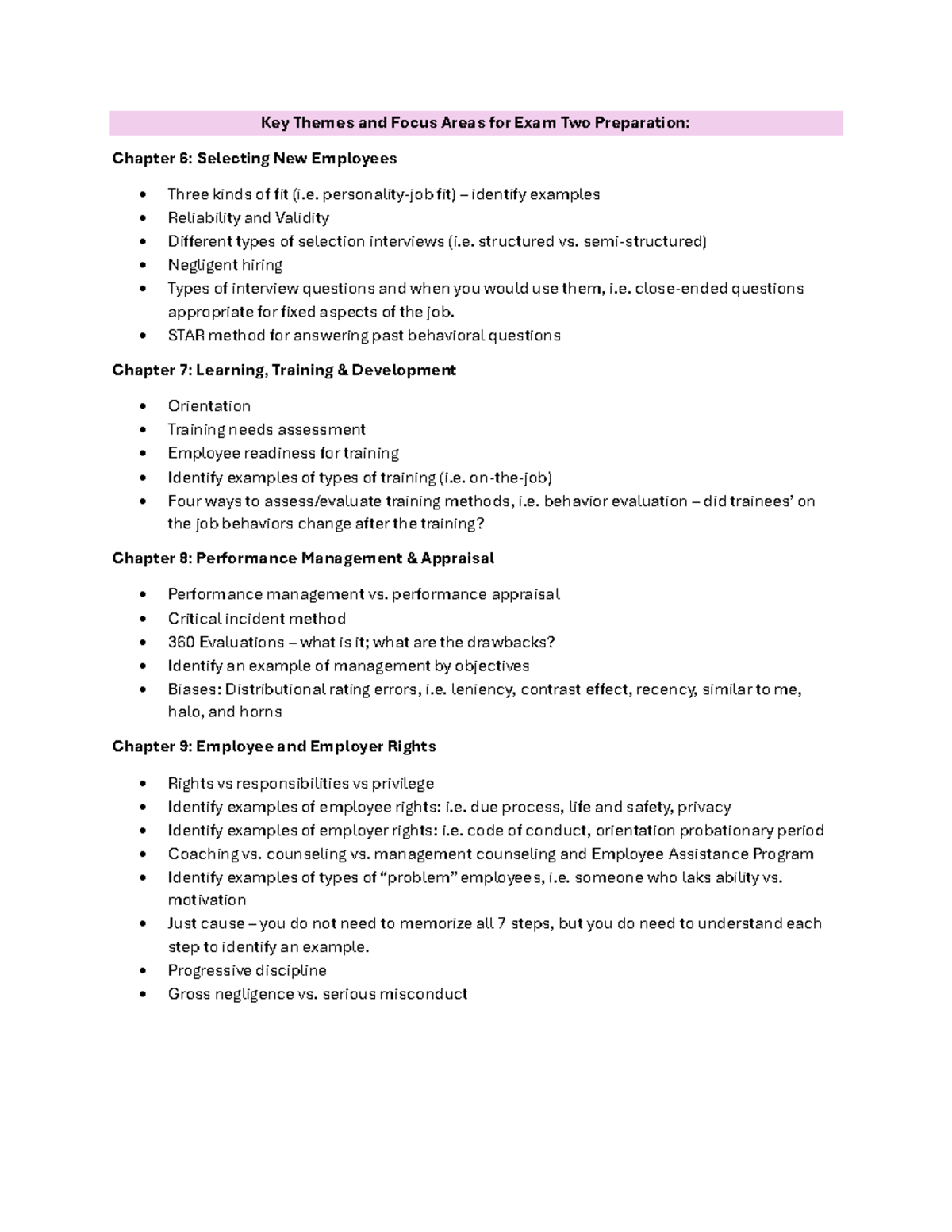 Exam 2 Prep: Key Themes from HR Chapters 6-9 Review (Course Code) - Studocu